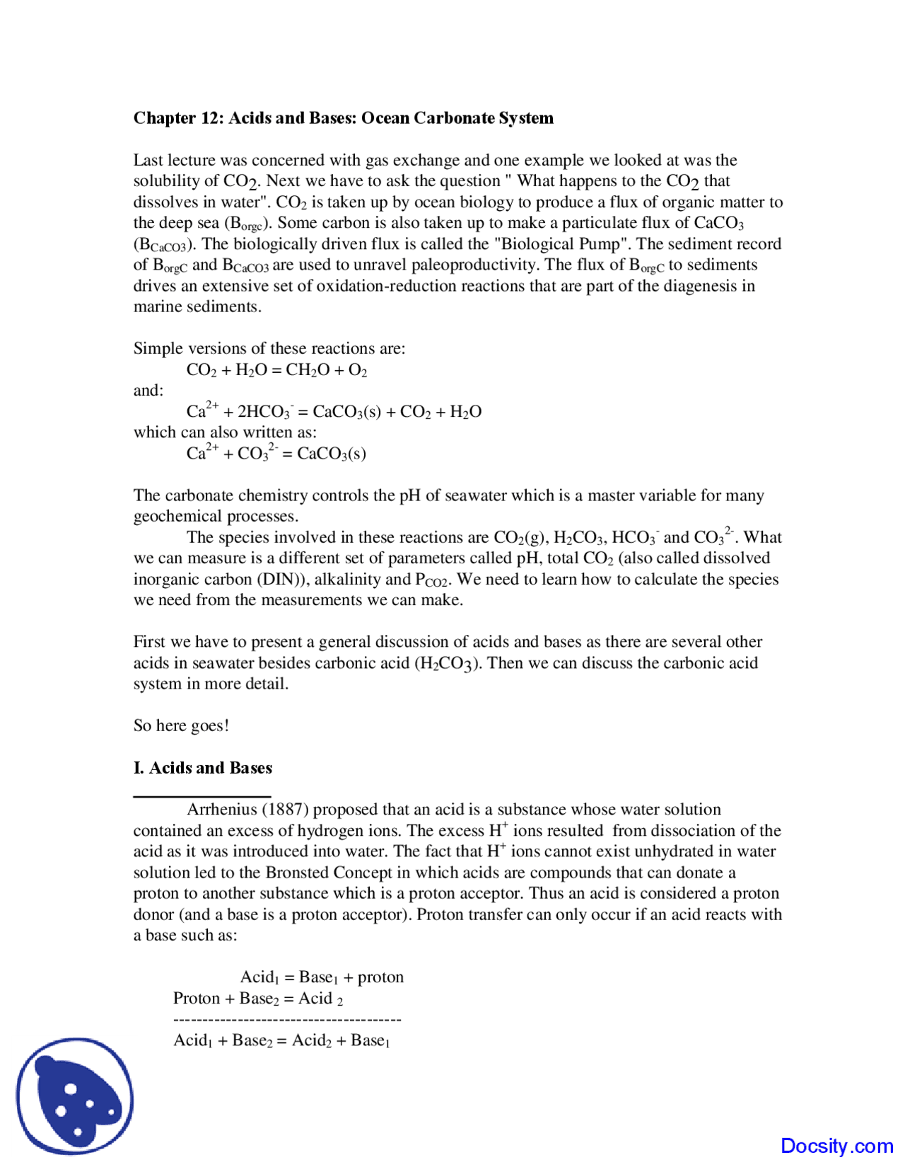 Carbonate System Geochemistry I Lecture Notes Docsity