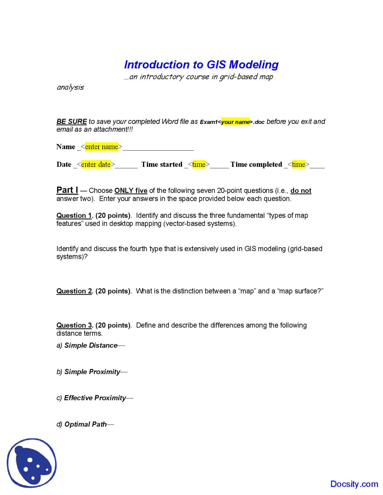 Simple Distance Gis And Mapping Exam Docsity