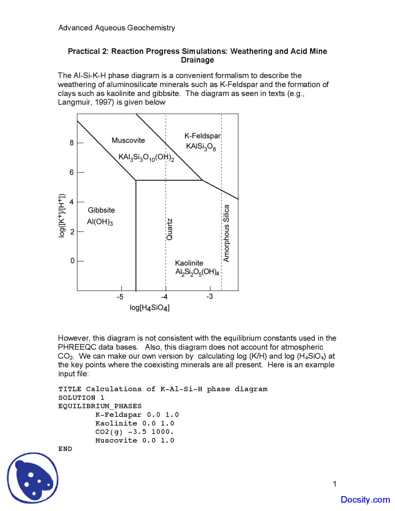 Advanced Aqueous Geochemistry I Exam Docsity