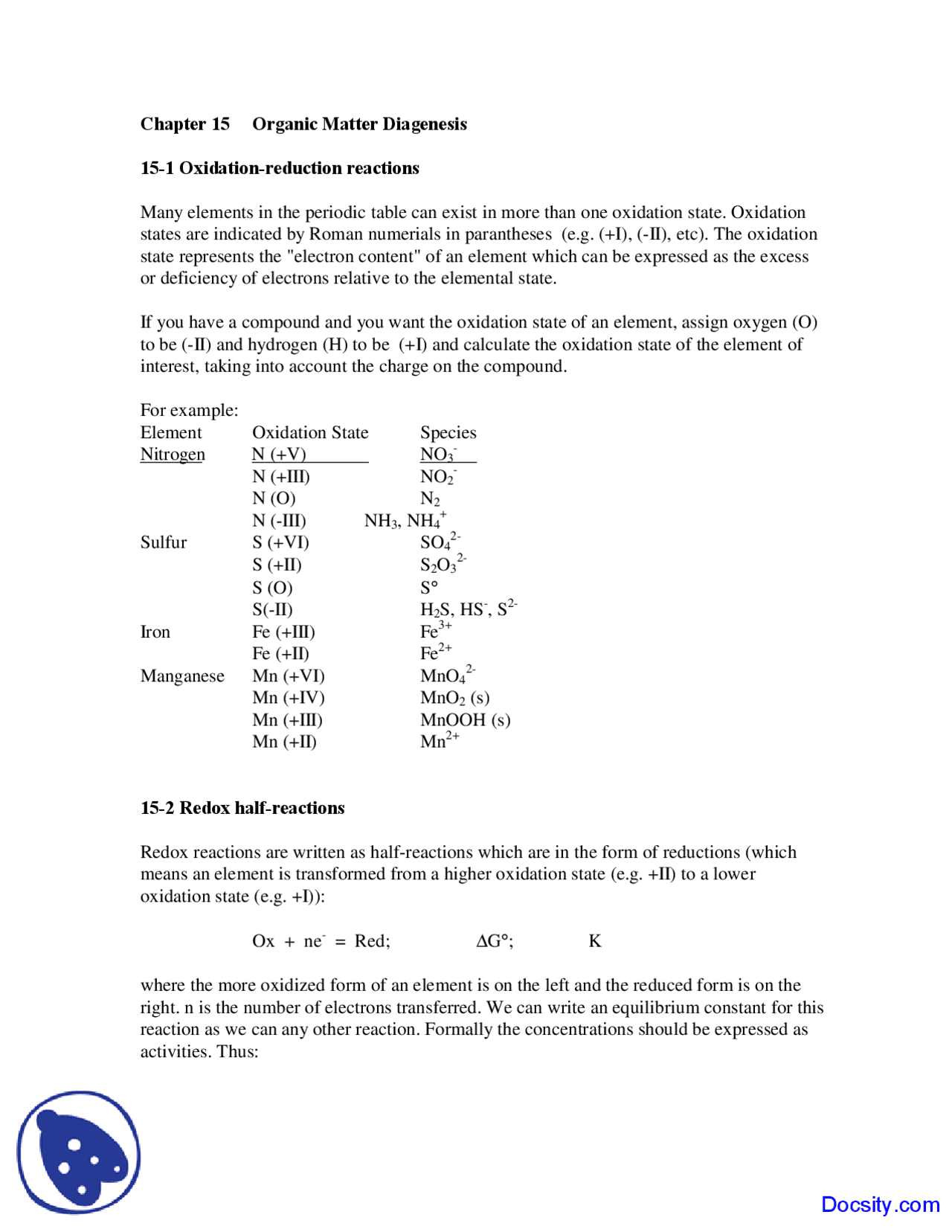 Organic Matter Geochemistry I Lecture Notes Docsity