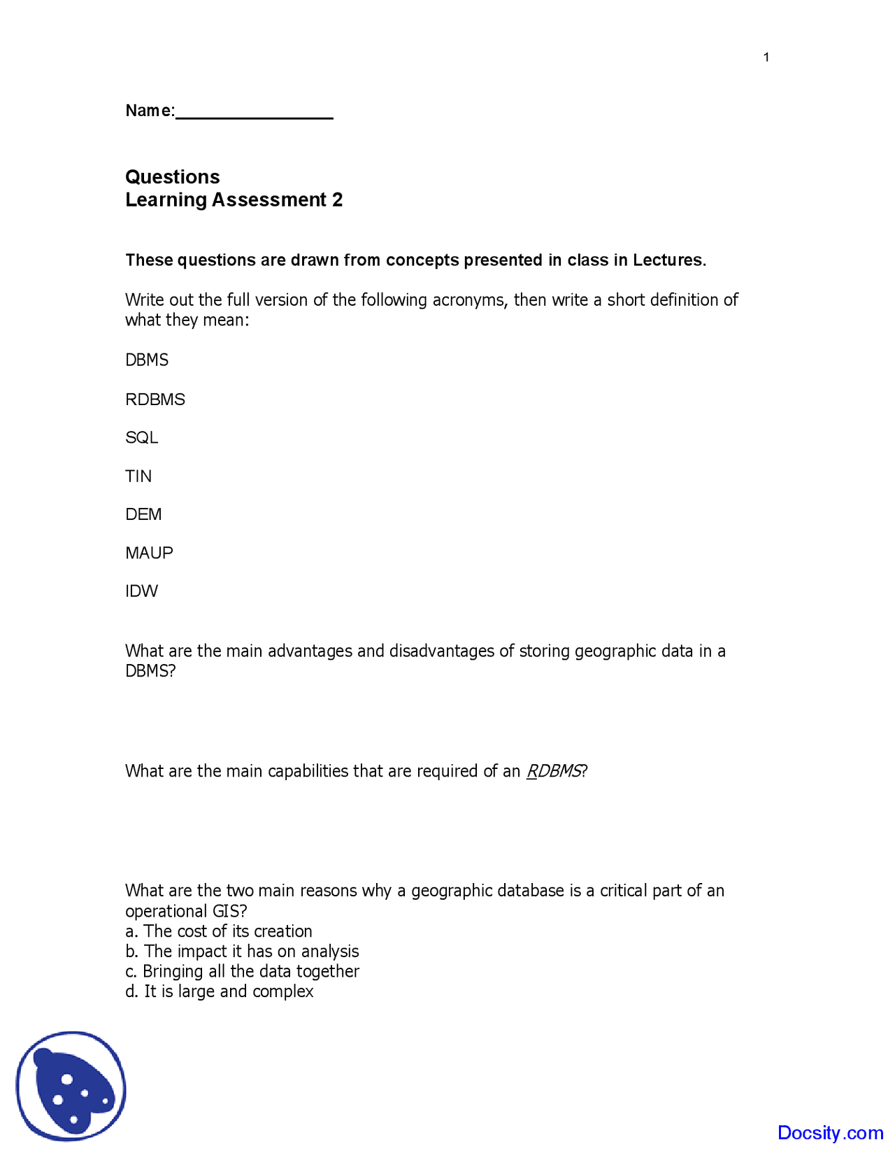 Geographic Data Gis And Mapping Exam Docsity
