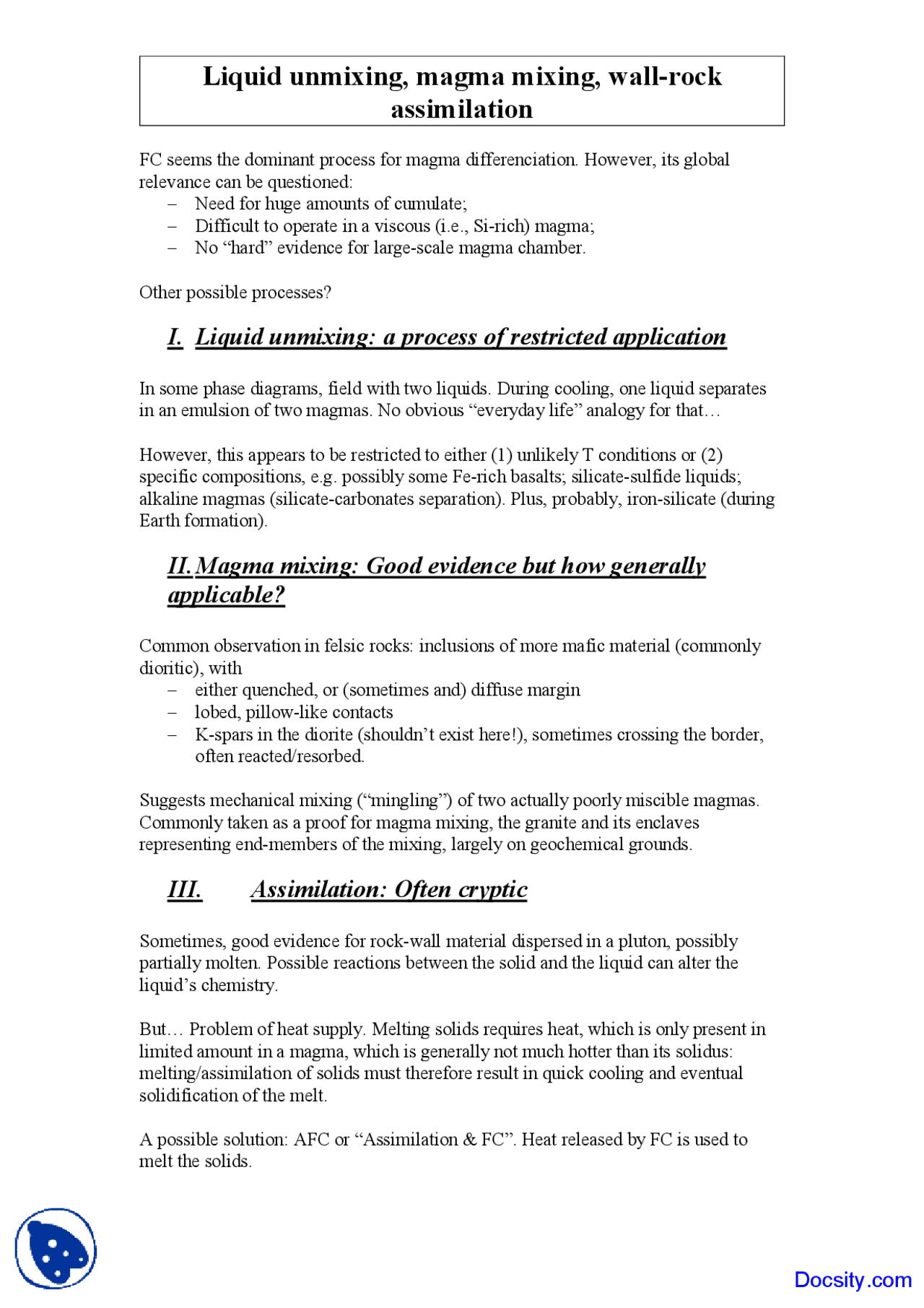 Liquid Unmixing Geochemistry I Lecture Notes Docsity