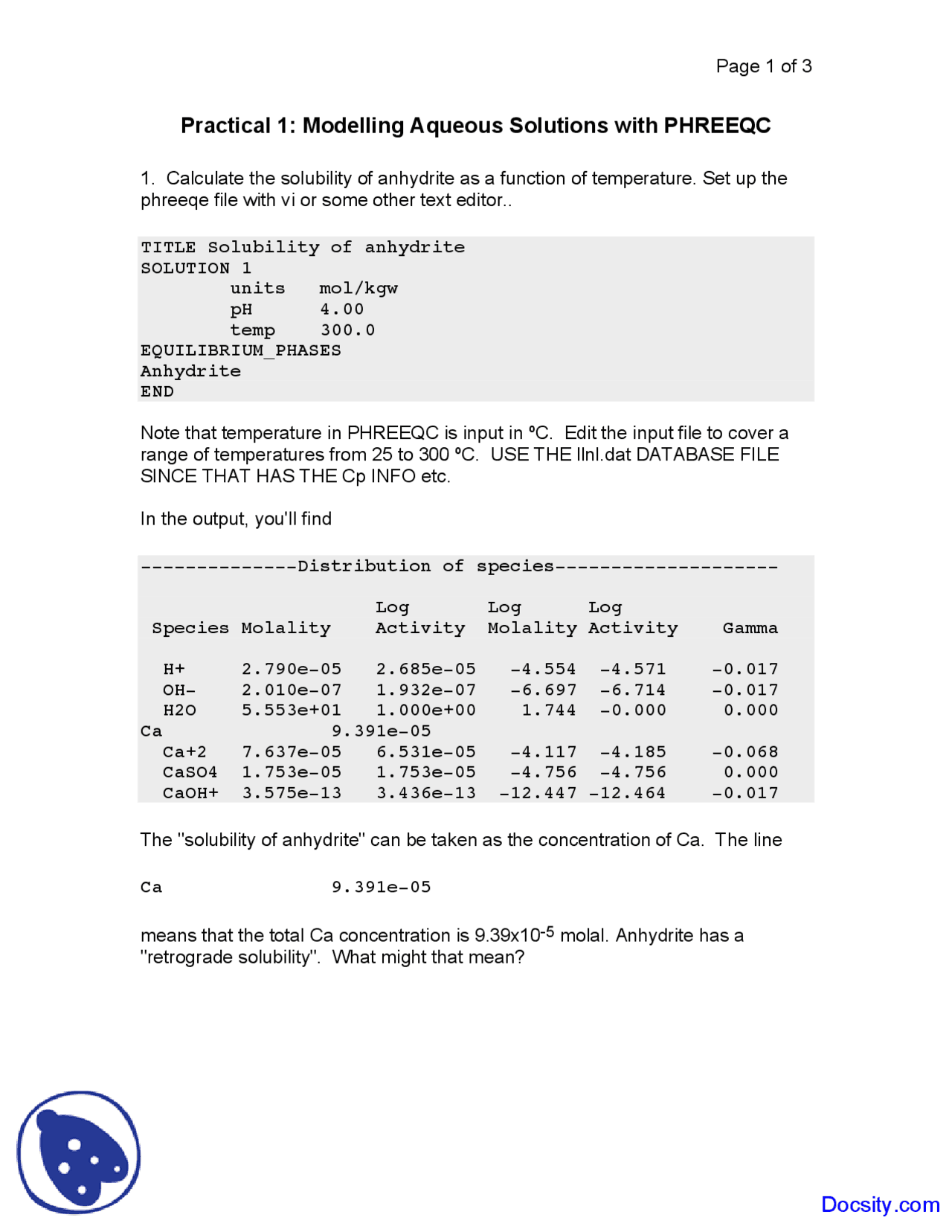 Modelling Aqueous Geochemistry I Exam Docsity