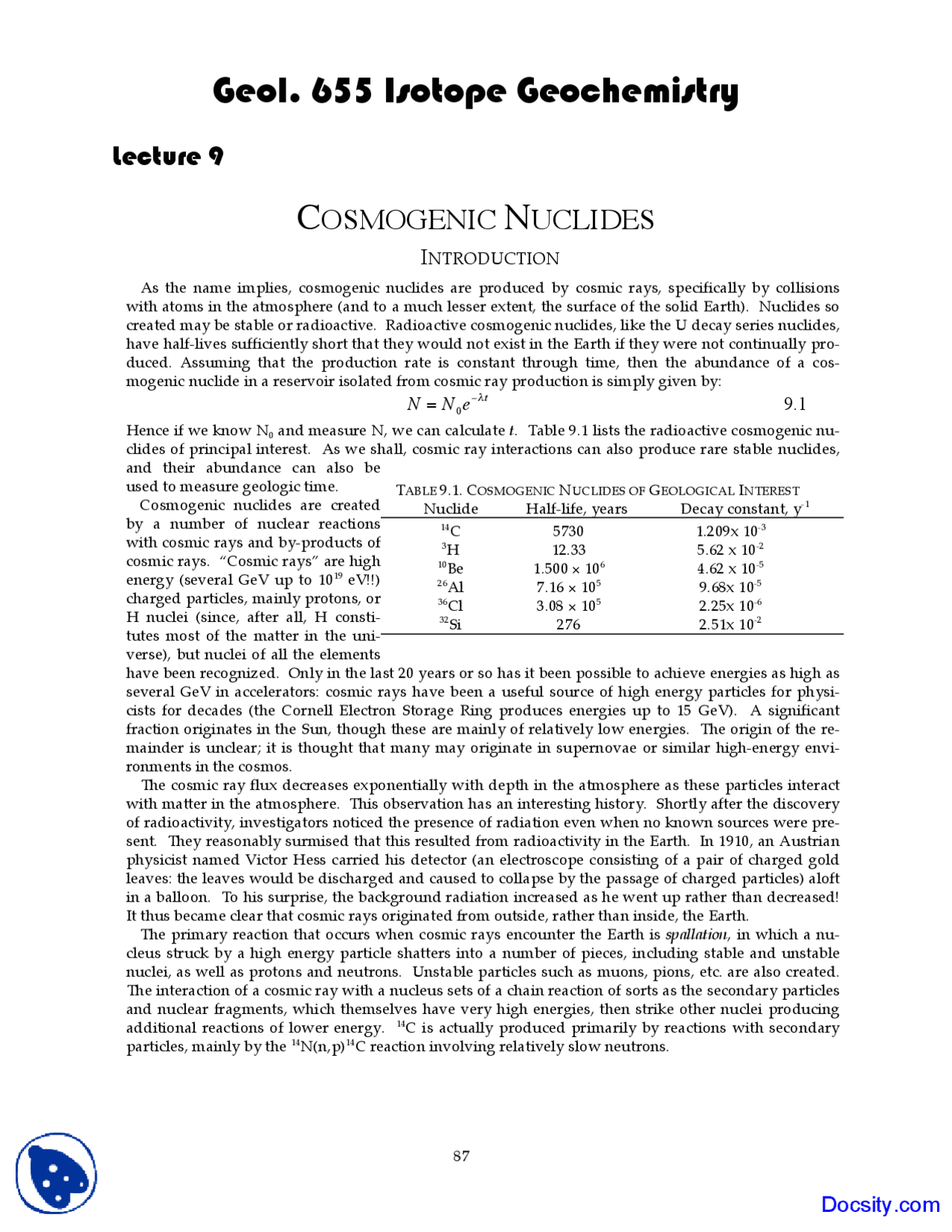 Cosmic Rays Geochemistry I Lecture Notes Docsity