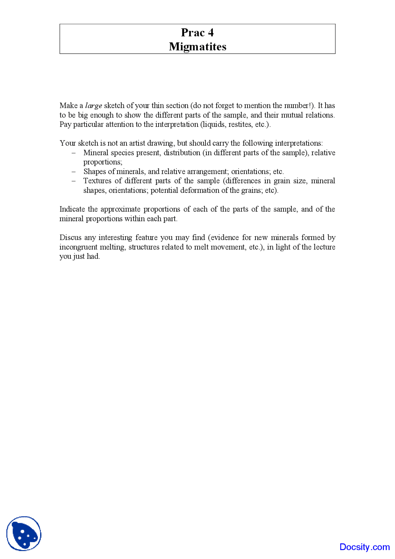 Migmatites Geochemistry I Exam Docsity
