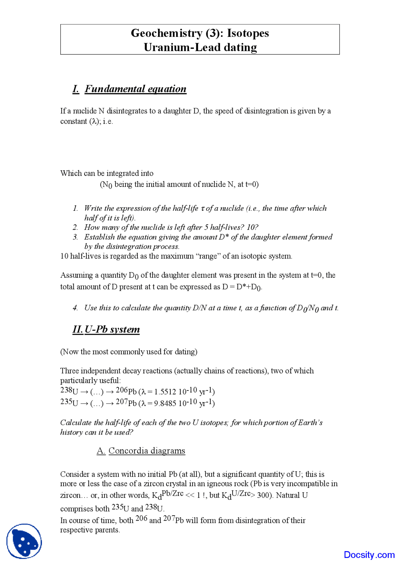 Isotopes Geochemistry I Lecture Notes Docsity