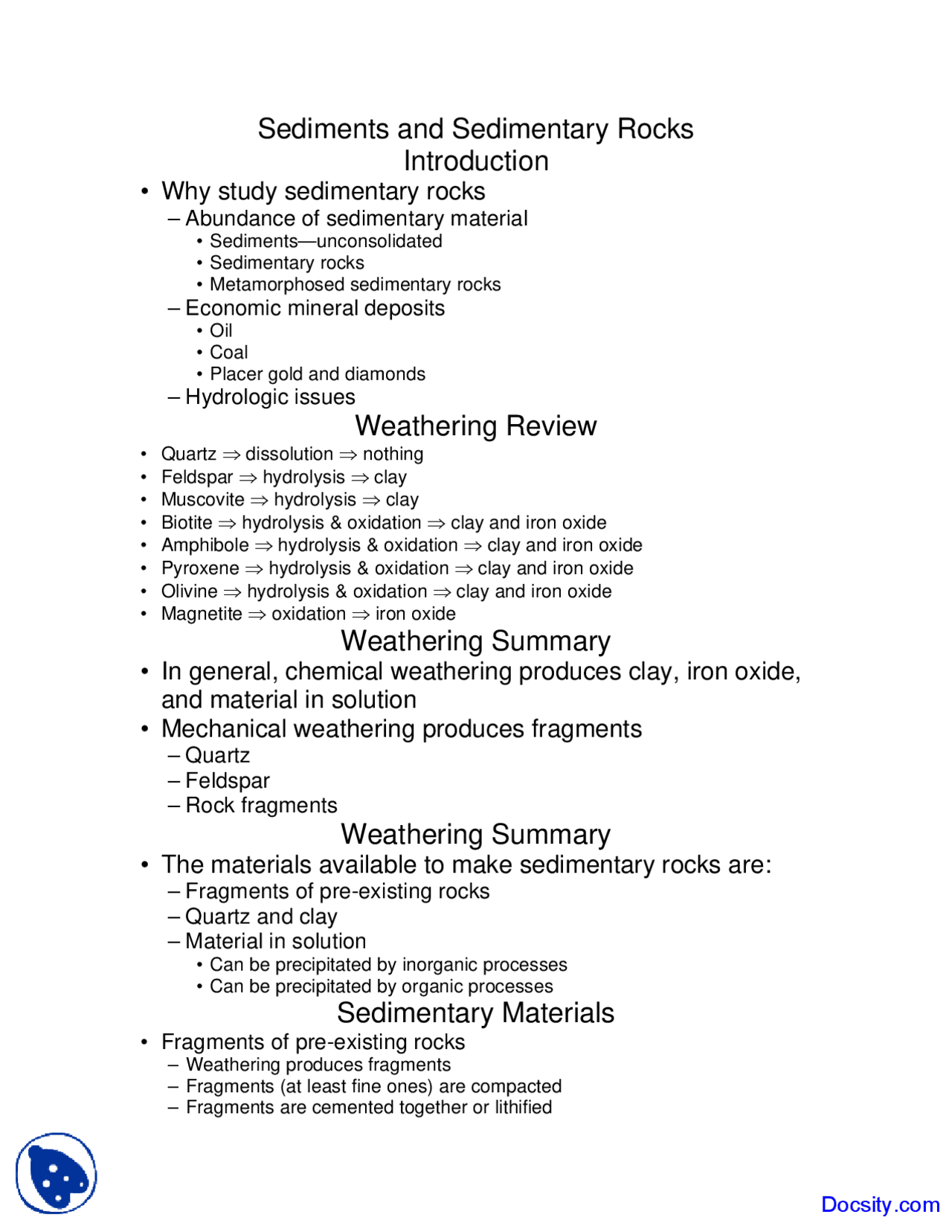 Sediments And Sedimentary Rocks Environmental Geology Lecture Notes