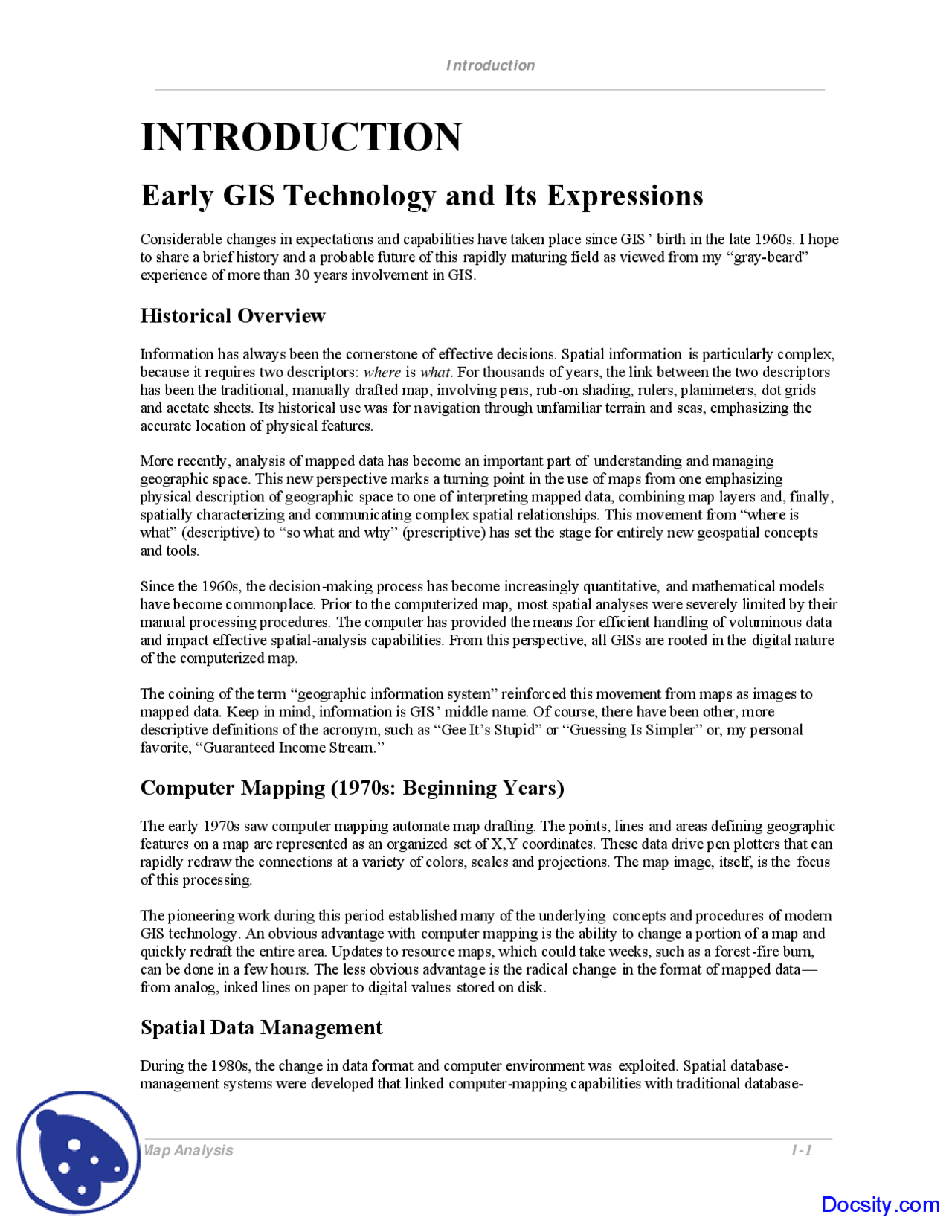 Early Gis Technology Gis And Mapping Lecture Notes Docsity