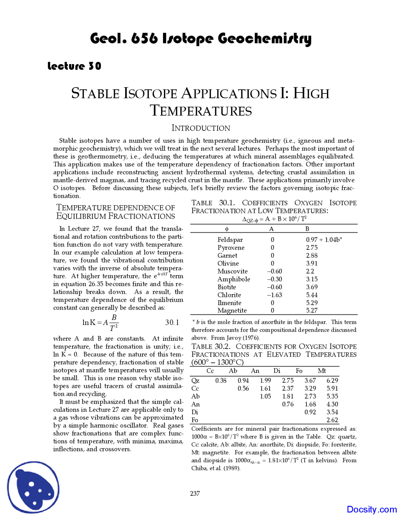 Fractionations Geochemistry I Lecture Notes Docsity