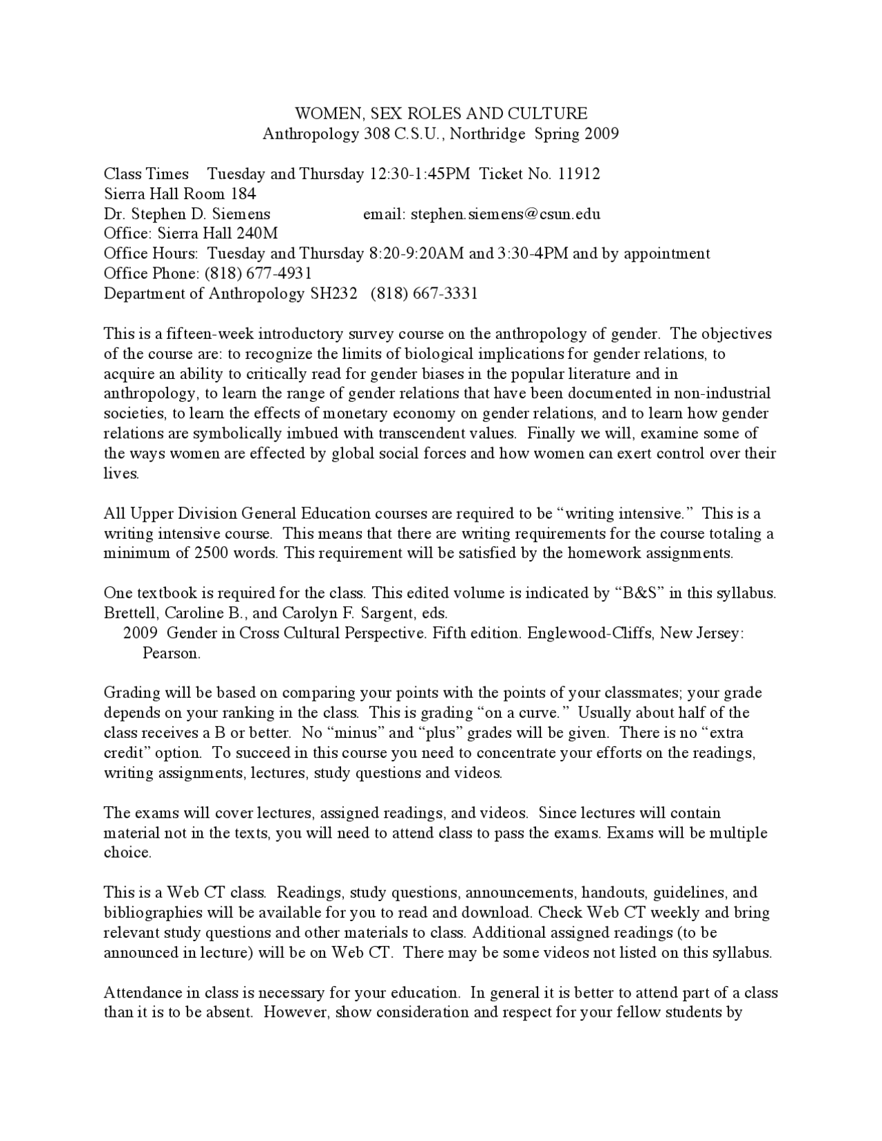 Syllabus Schedule Women Sex Roles And Culture Anth 308 Docsity 