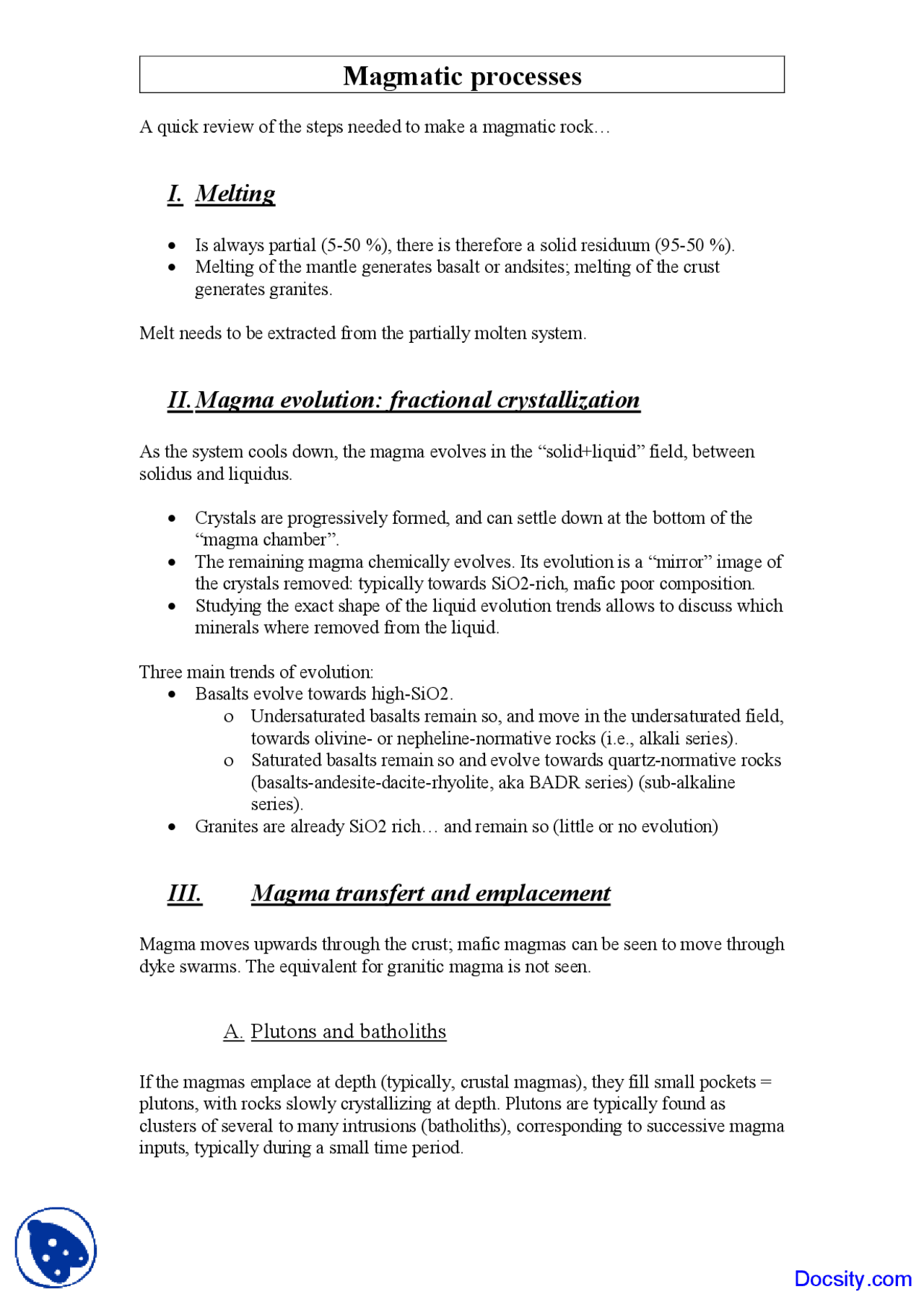 Magmatic Processes Geochemistry I Lecture Notes Docsity