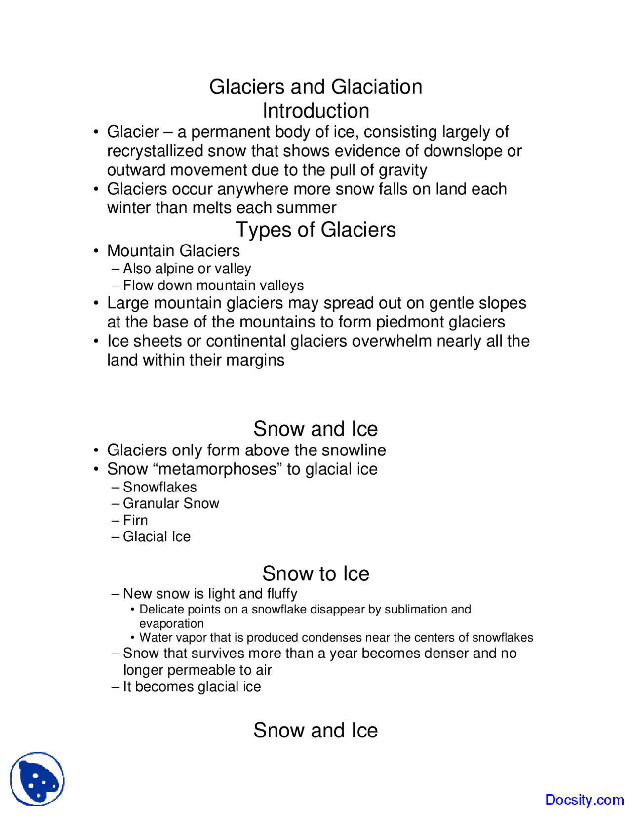 Glaciers and Glaciation - Environmental Geology - Lecture Notes - Docsity