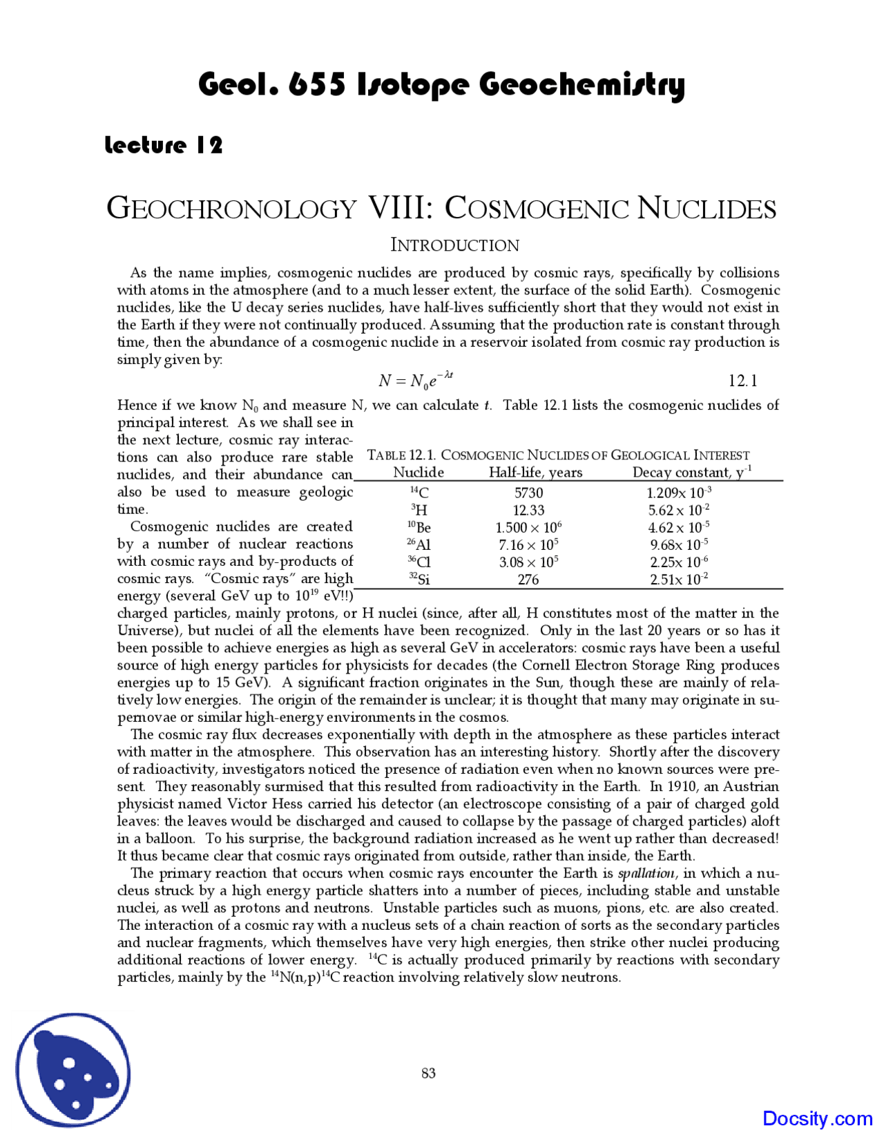 Cosmogenic Nuclides - Geochemistry I - Lecture Notes - Docsity