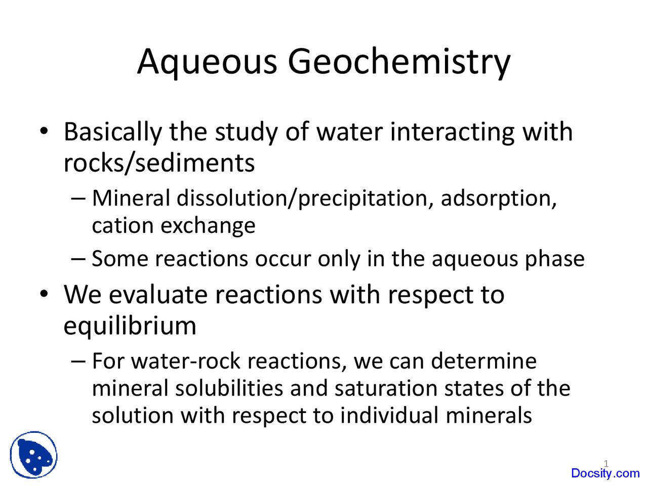 Aqueous Geochemistry - Geochemistry I - Lecture Slides | Slides Geochemistry | Docsity