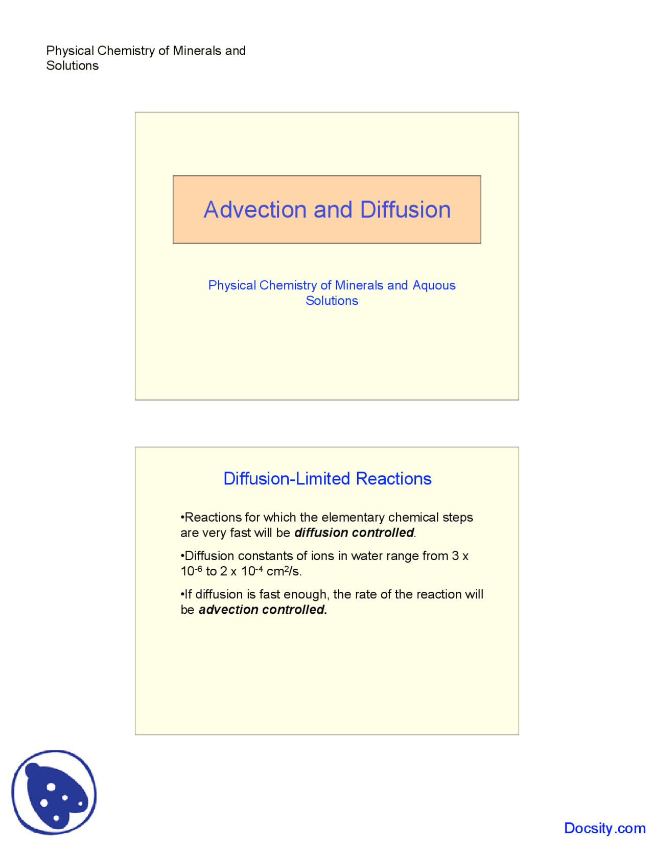 Advection Diffusion - Geochemistry I - Lecture Slides - Docsity