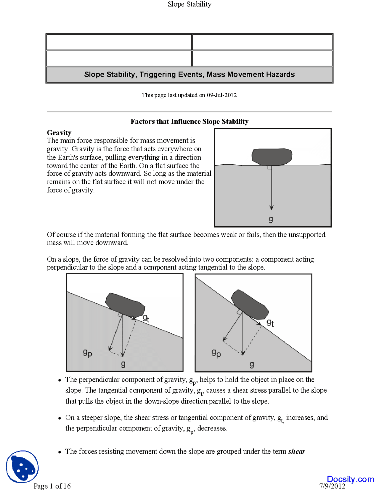 Slope Stability - Environmental Geology - Lecture Notes - Docsity