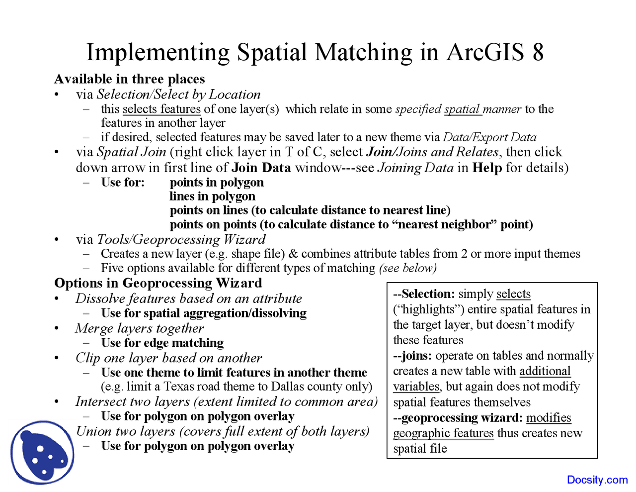 Implementing Spatial Matching Gis And Mapping Lecture Notes Docsity