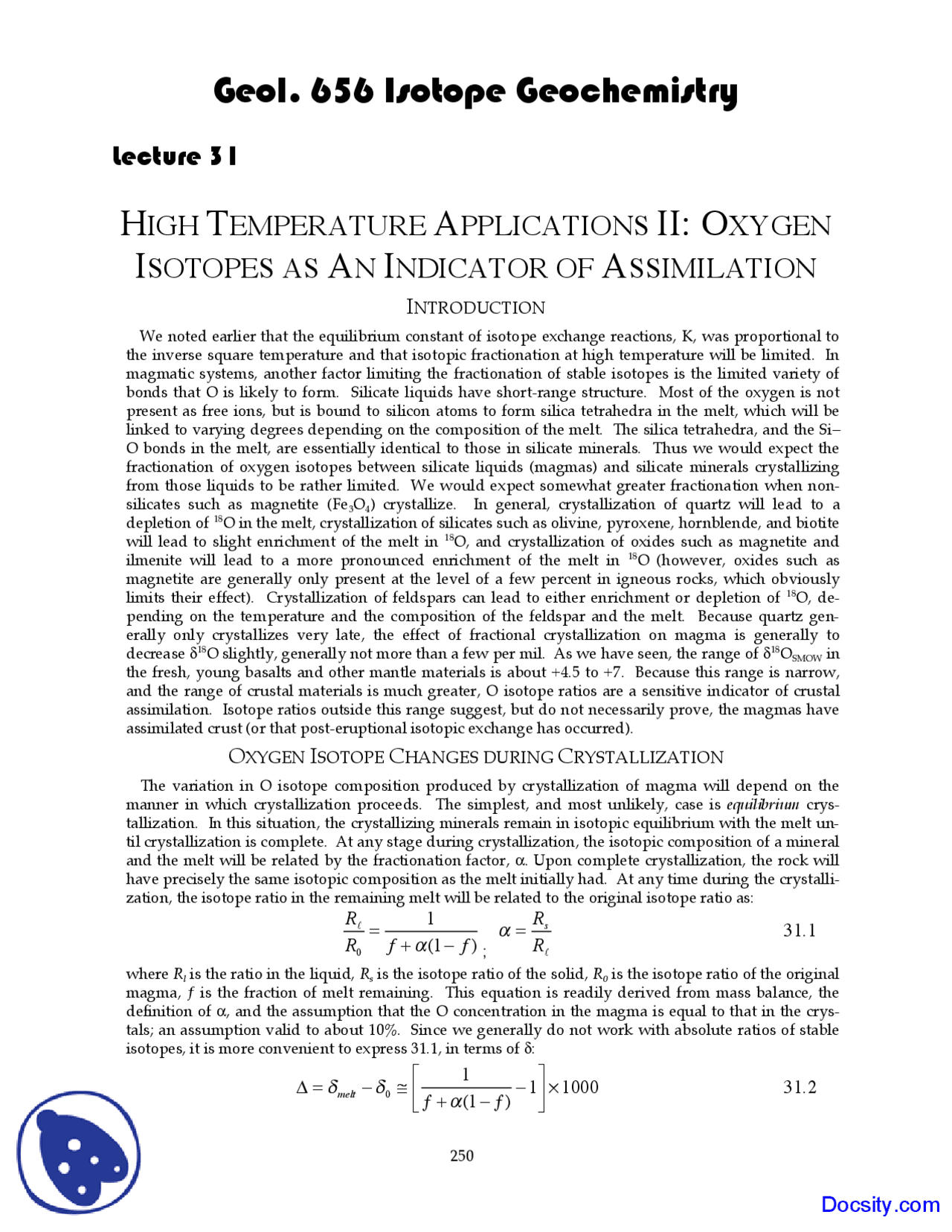 Variation Geochemistry I Lecture Notes Docsity