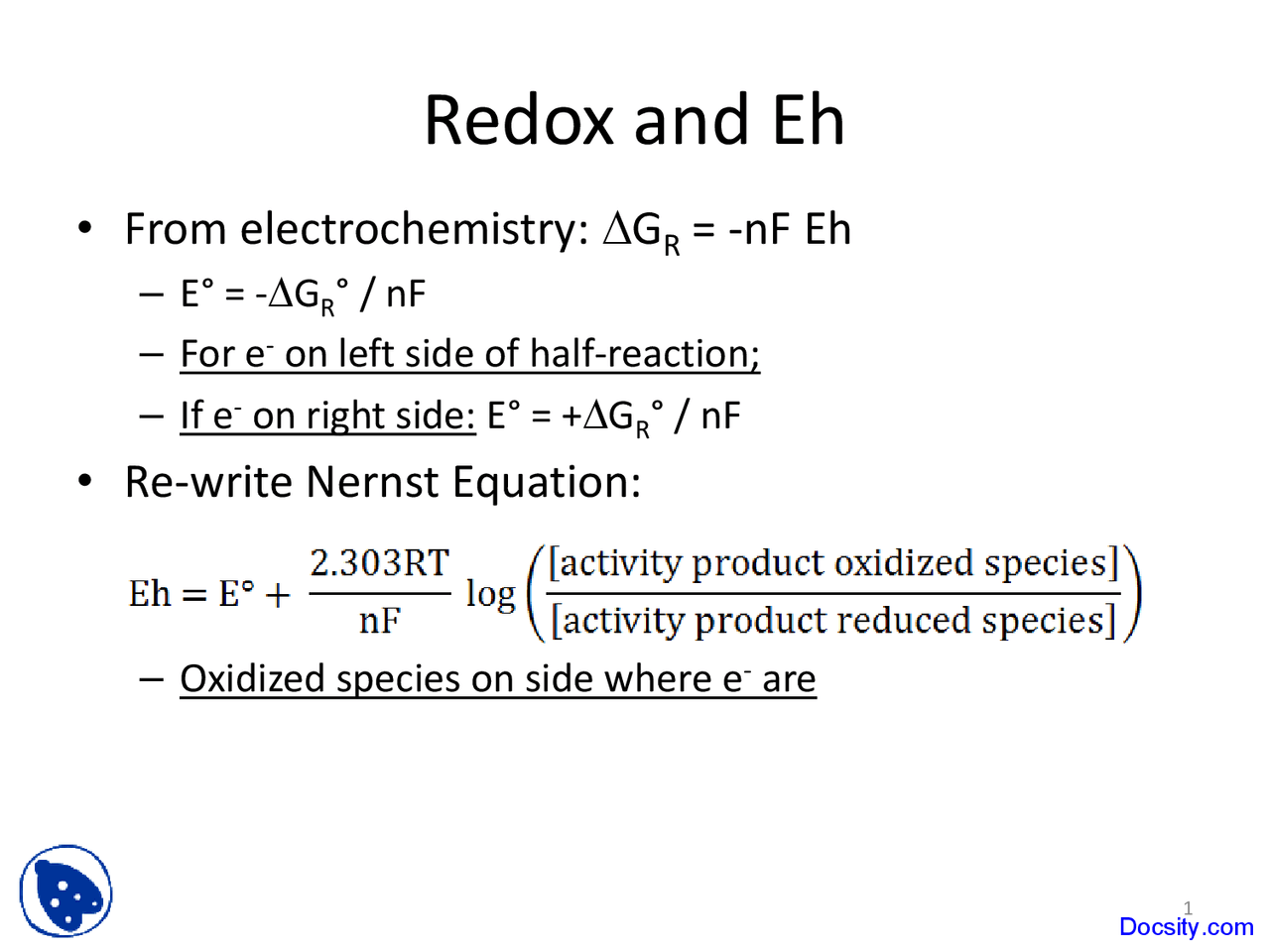Electrochemistry Geochemistry I Lecture Slides Docsity