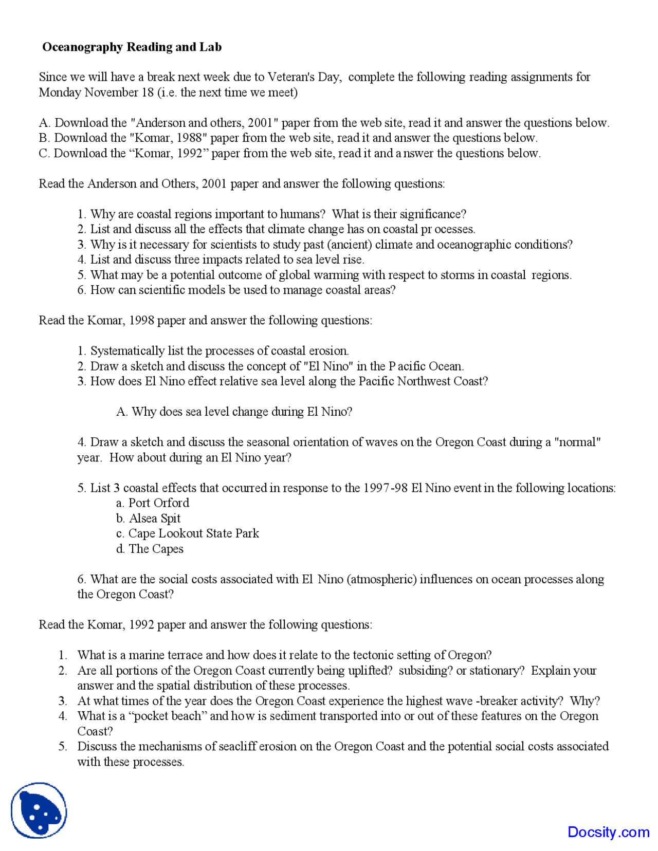 Oceanography - Environmental Geology - Assignment - Docsity