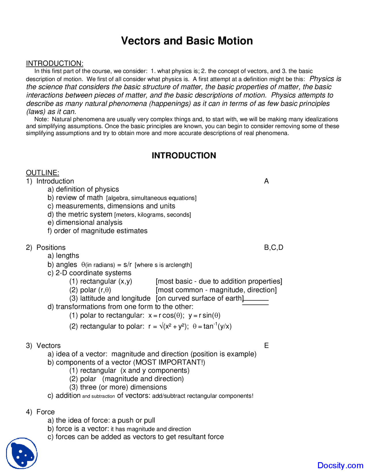 Vectors And Basic Motion General Physcis I Lecture Notes Docsity