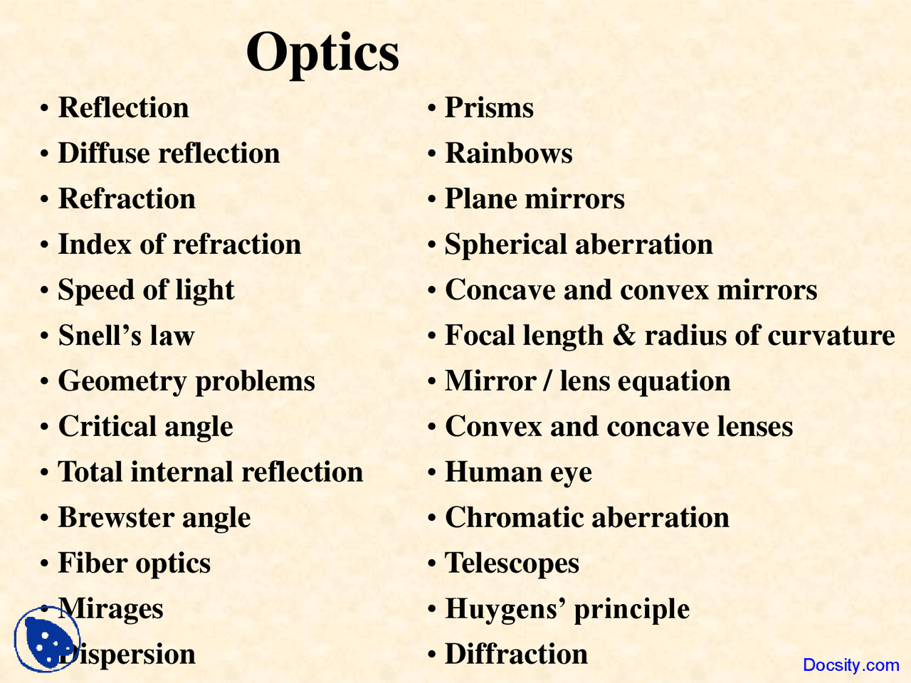 Optics - Physics - Lecture Slides | Slides Physics | Docsity