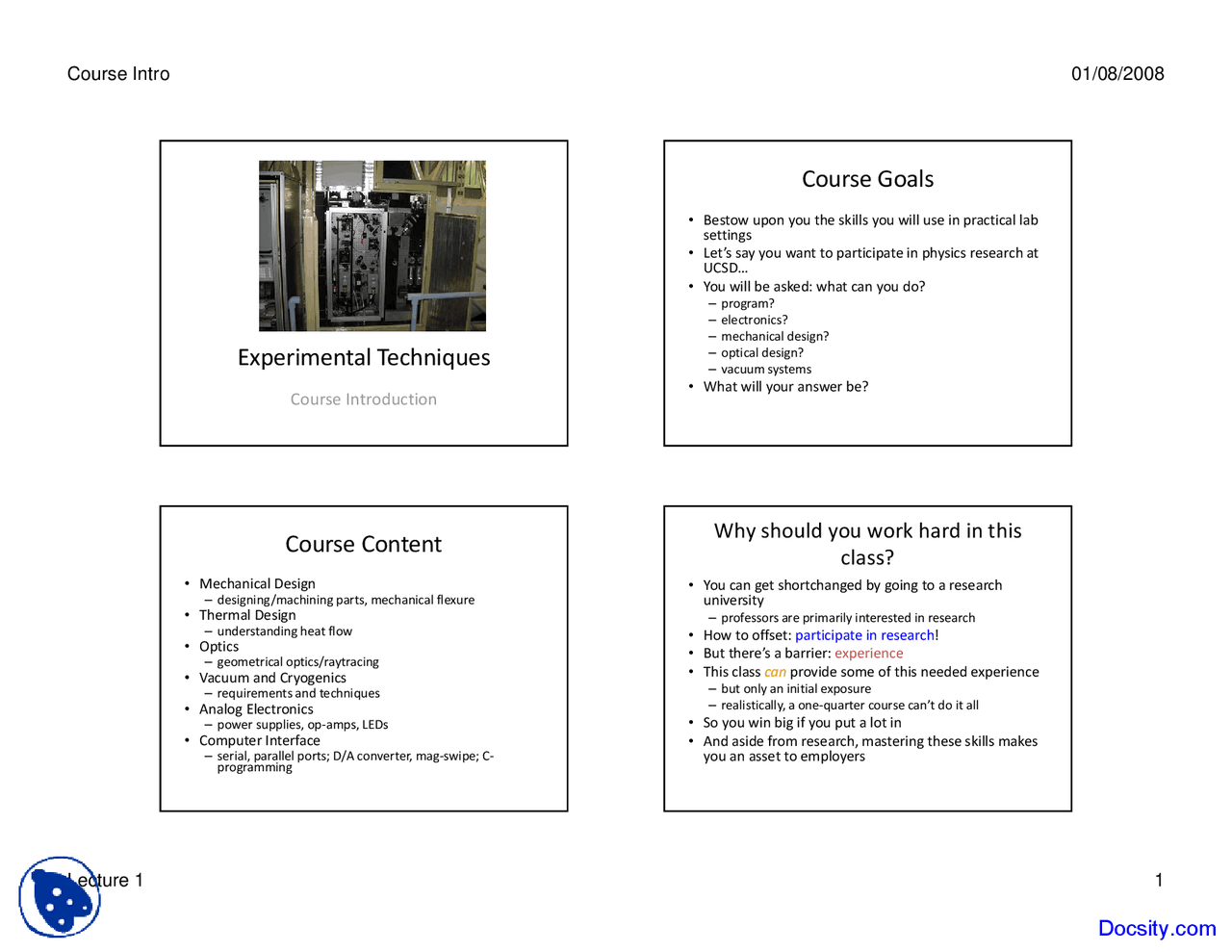 Introduction Experimental Techniques Lecture Slides Docsity