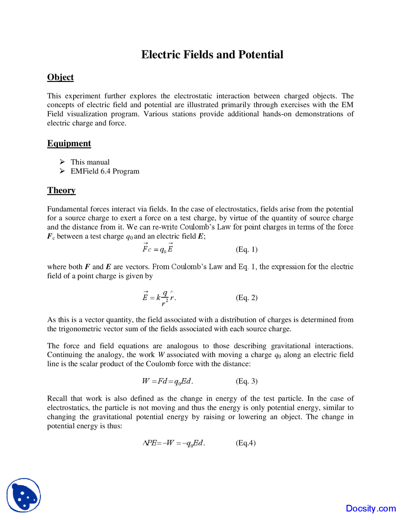 Electric Fields And Potential General Physcis I Lab Handout Docsity