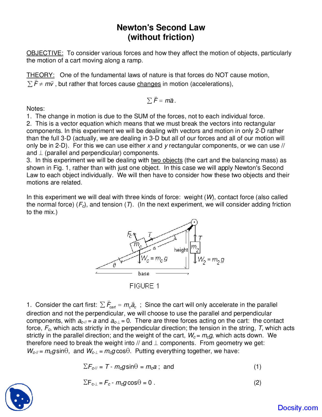 Newtons Law And Friction General Physcis I Lab Handout Docsity
