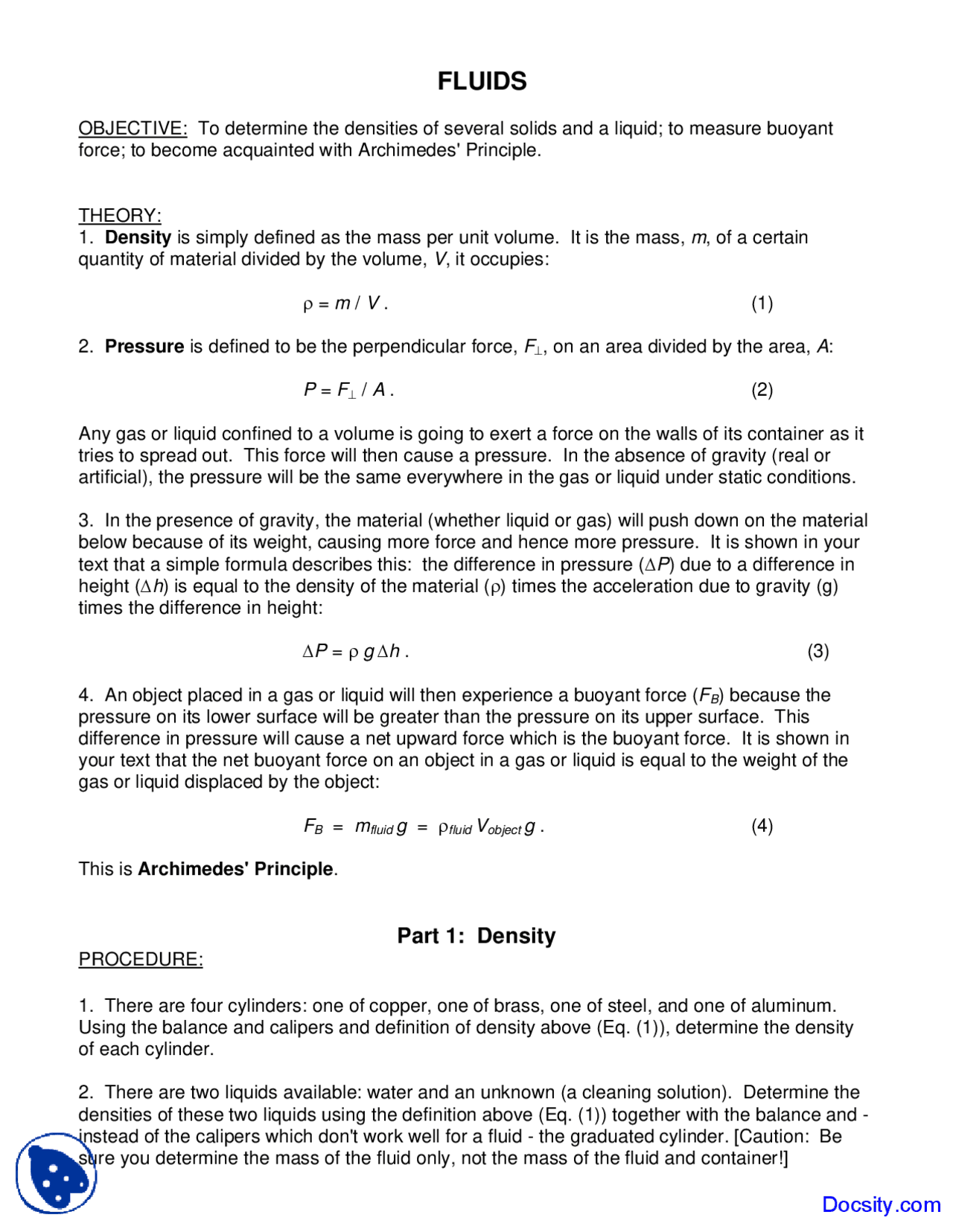 Fluids - General Physcis I - Lab Handout - Docsity