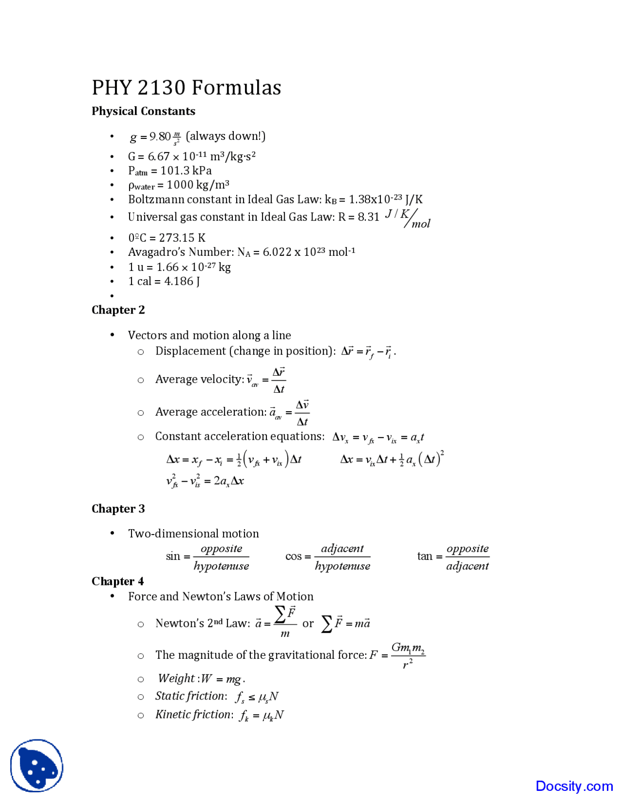 Physical Constants General Physcis I Solved Exam Docsity