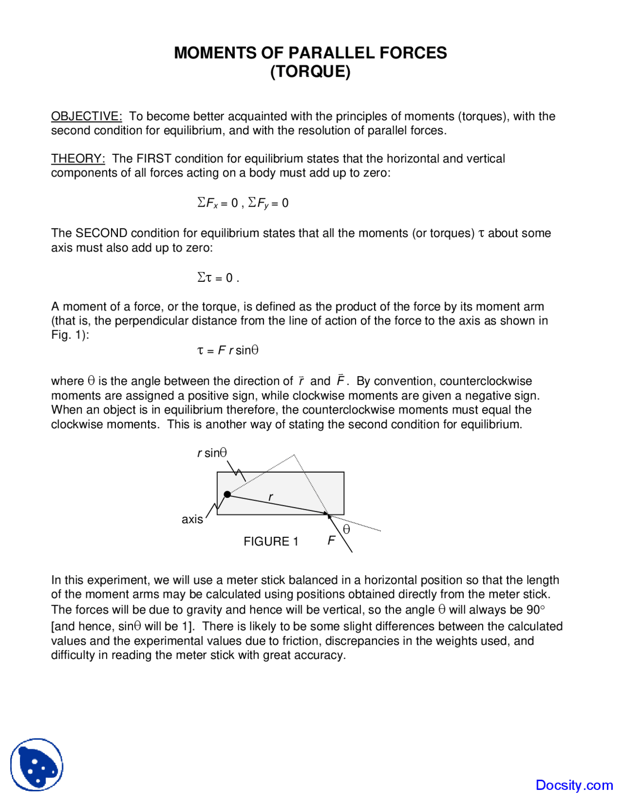 Torque General Physcis I Lab Handout Docsity