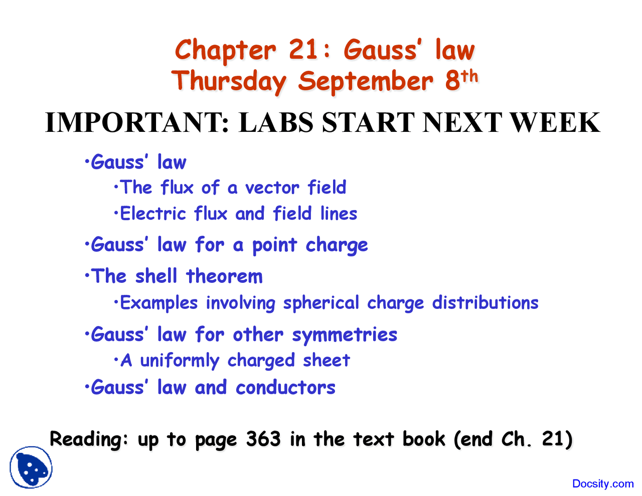 Gauss’ law - General Physics - Lecture Slides | Slides Physics | Docsity