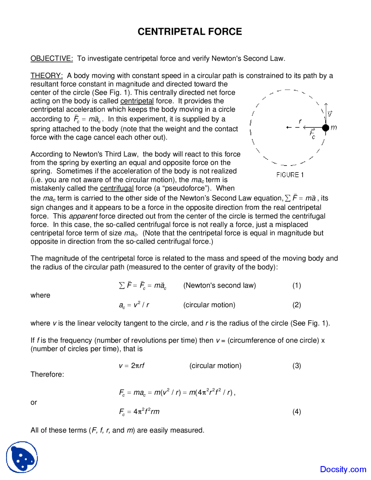 Centripetal Force - General Physcis I - Lab Handout - Docsity