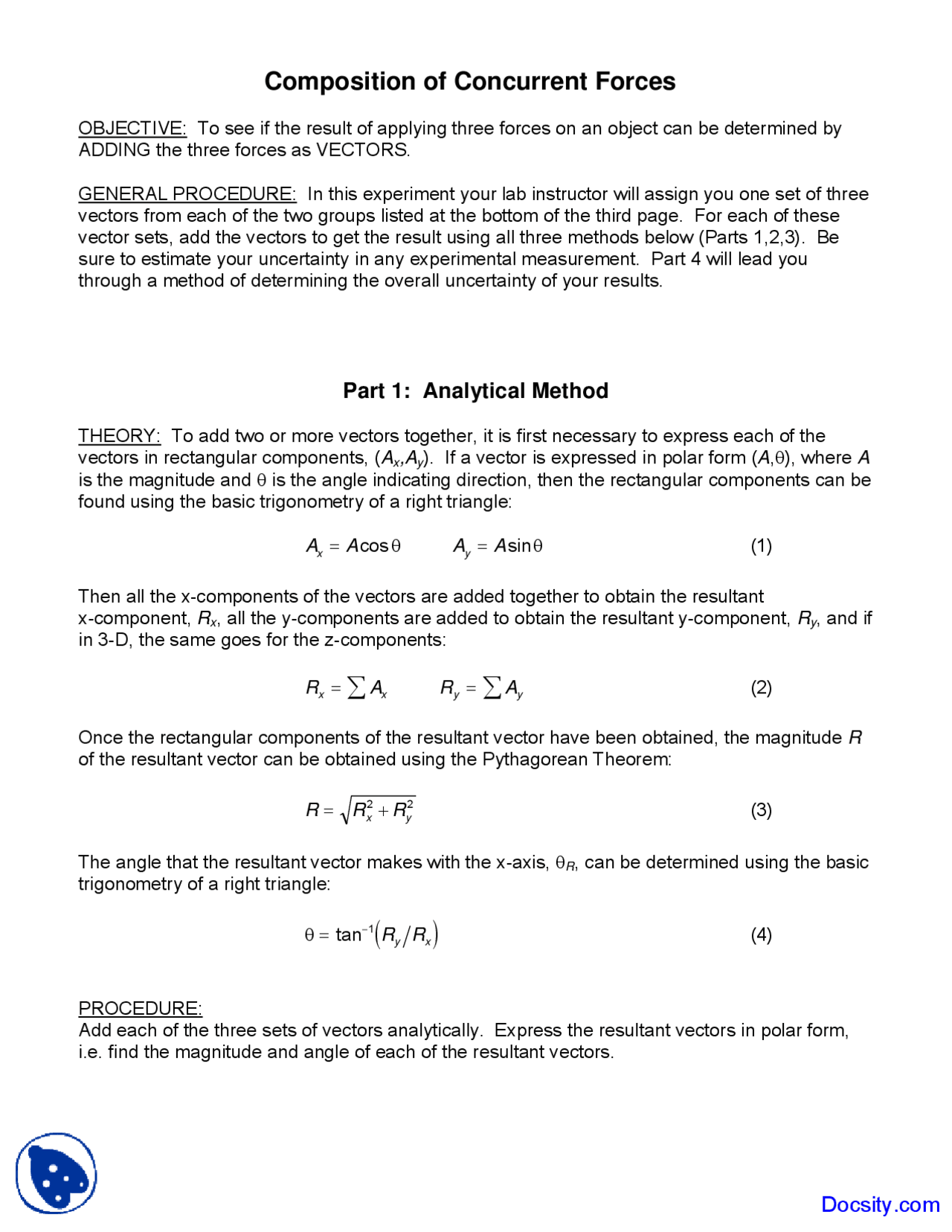 Composition Of Concurrent Forces General Physcis I Lab Handout