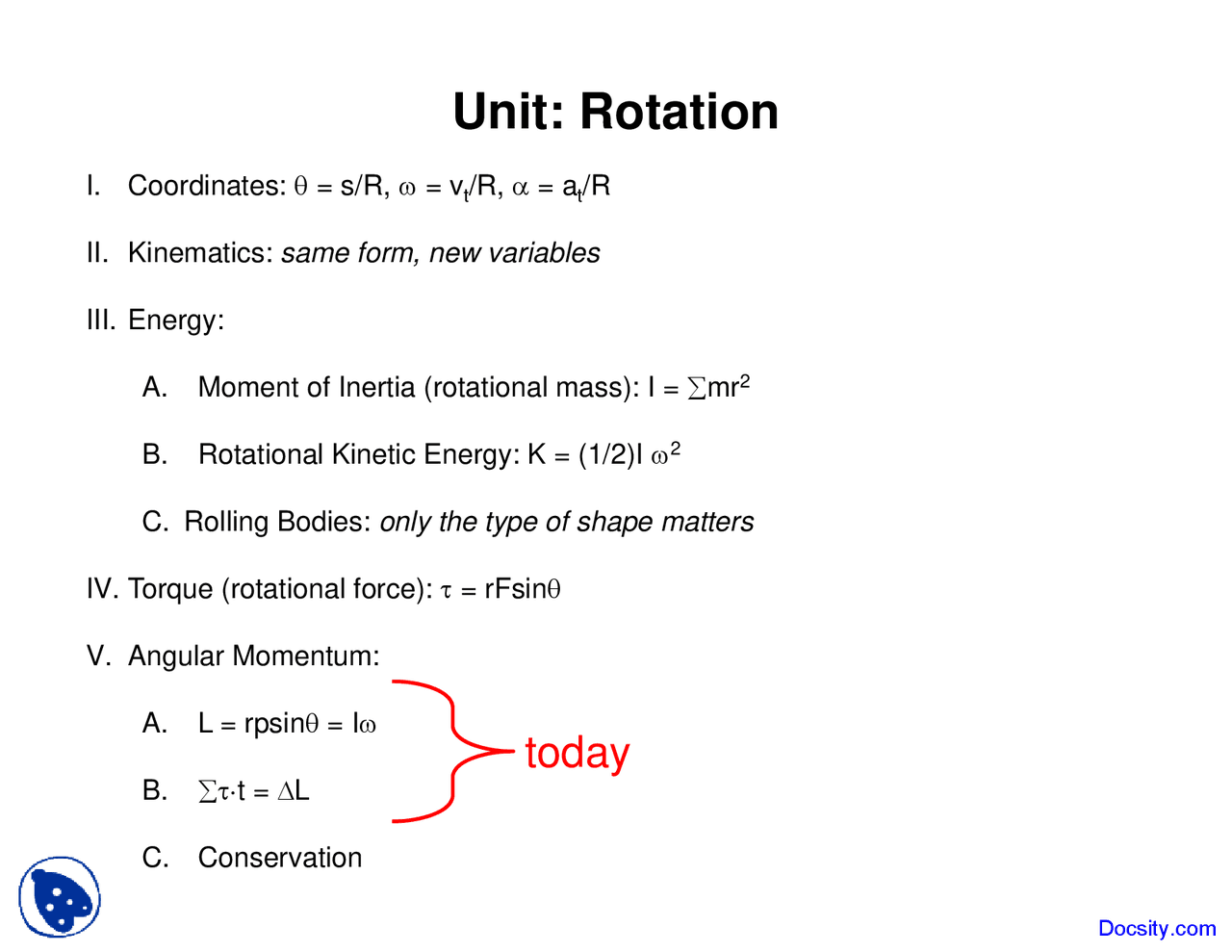 Angular Momentum - General Physcis I - Quizzes - Docsity