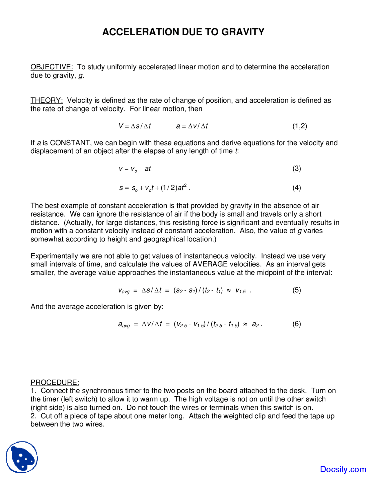 Accelaration General Physcis I Lab Handout Docsity