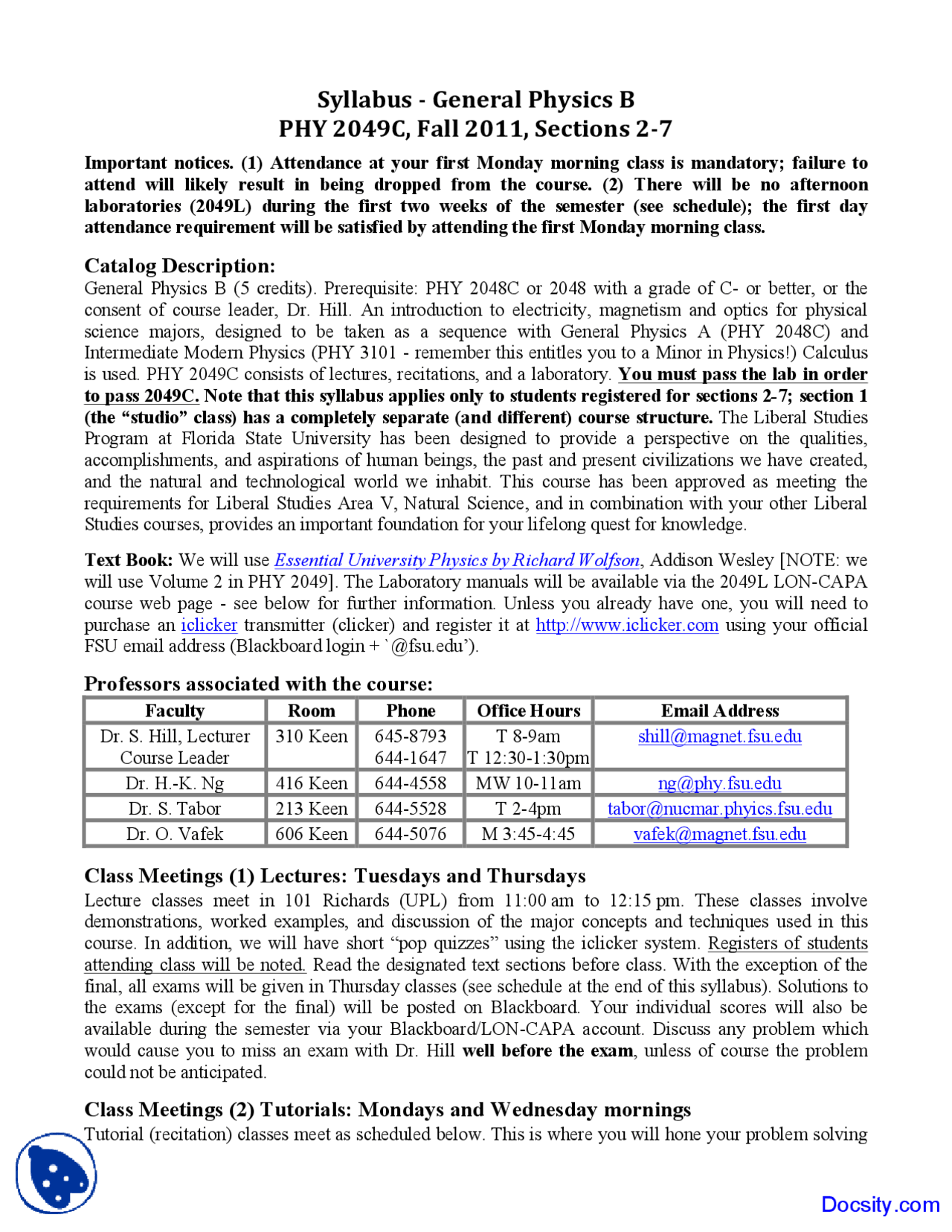 Syllabus - General Physics - Lecture Slides - Docsity