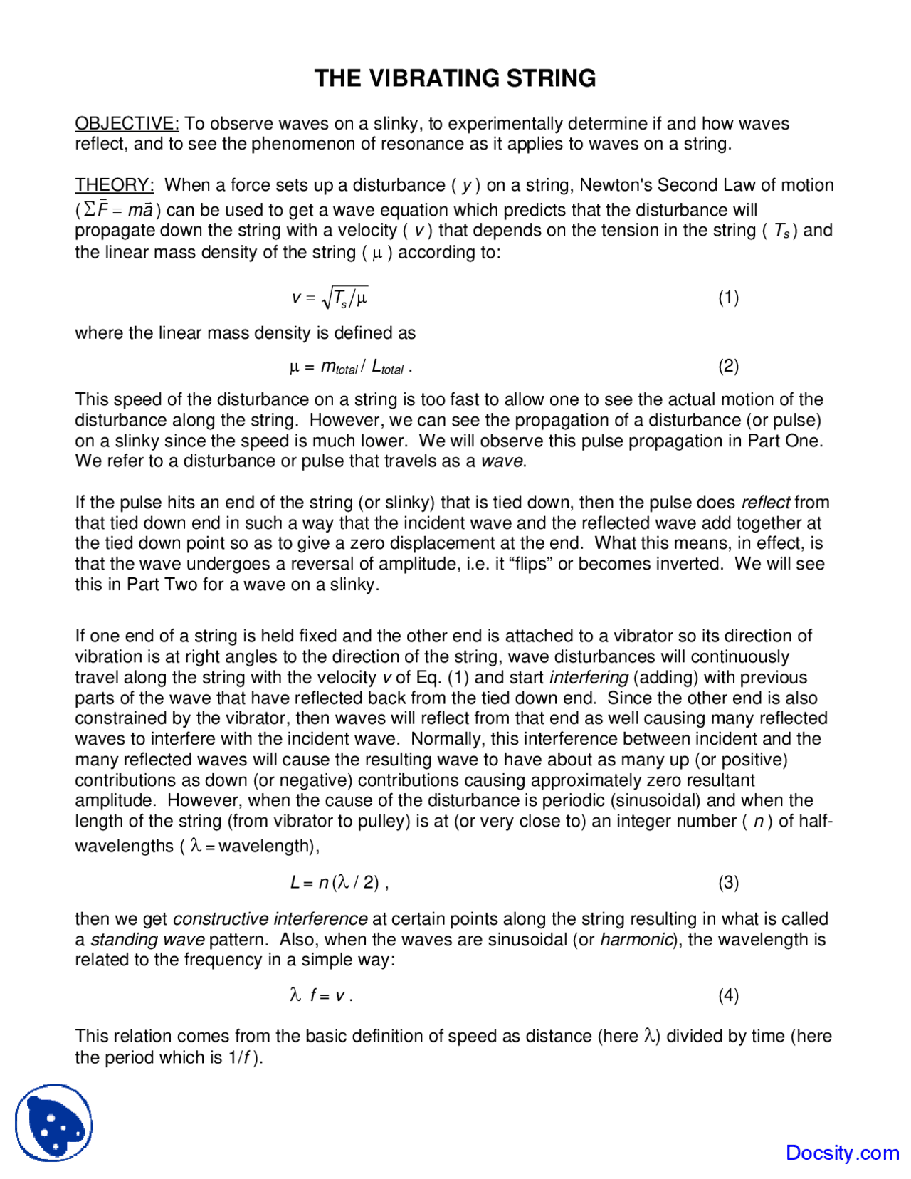 Vibrating String - General Physcis I - Lab Handout - Docsity