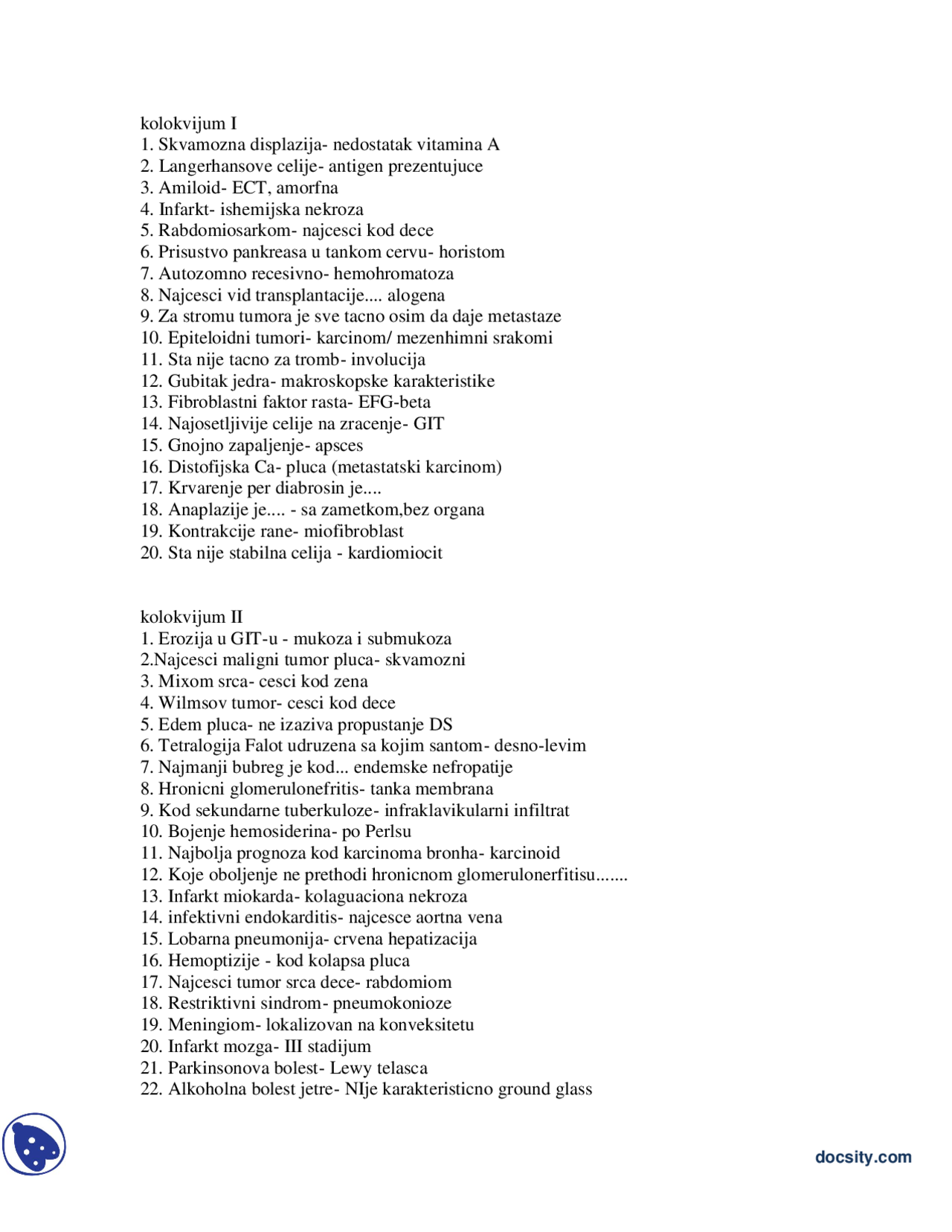 Kolokvijum-Ispit-Patologija-Medicina (1) | Ispiti' predlog Patologija - Docsity