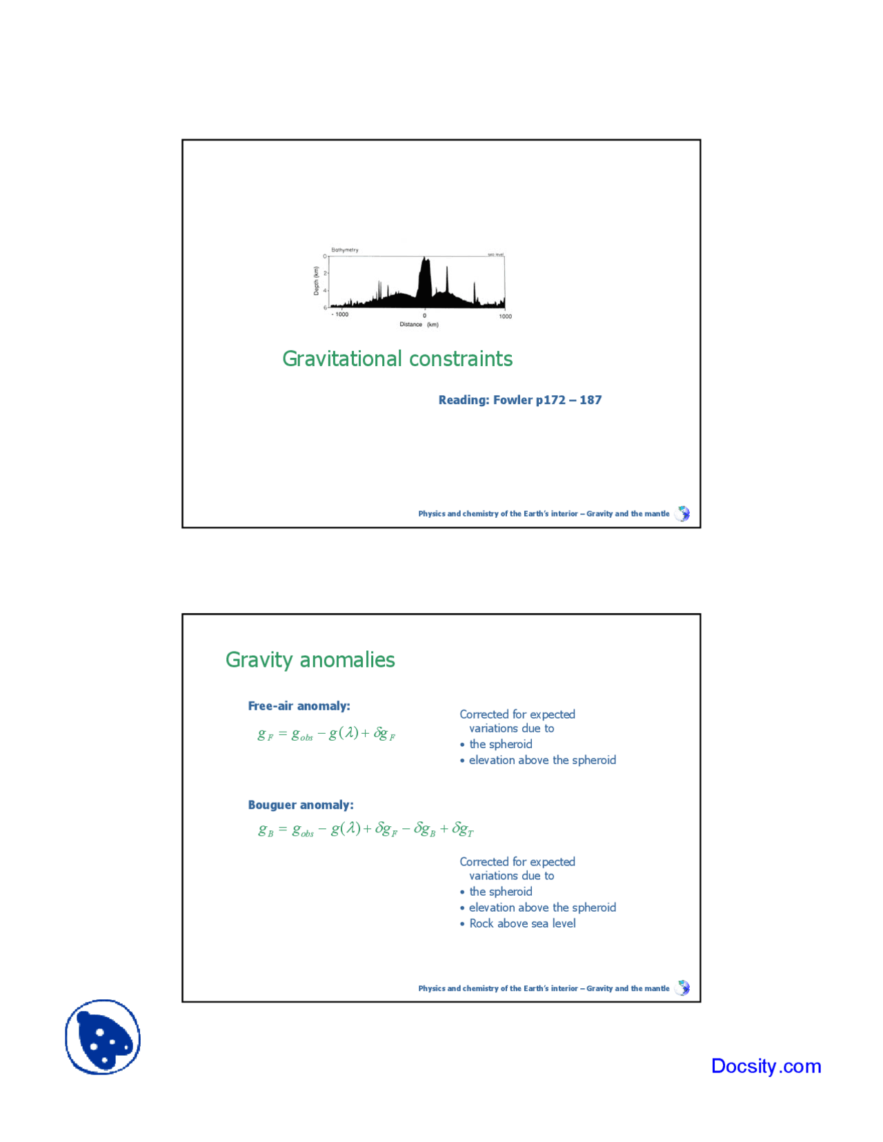 Gravitational Constraints Geochemistry Lecture Slides Docsity