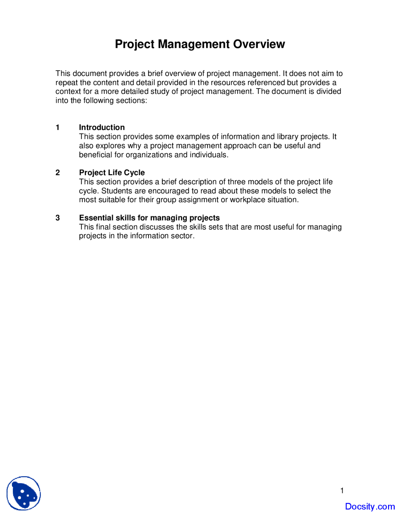 Project Management Overview Human Resource Lecture Notes Docsity