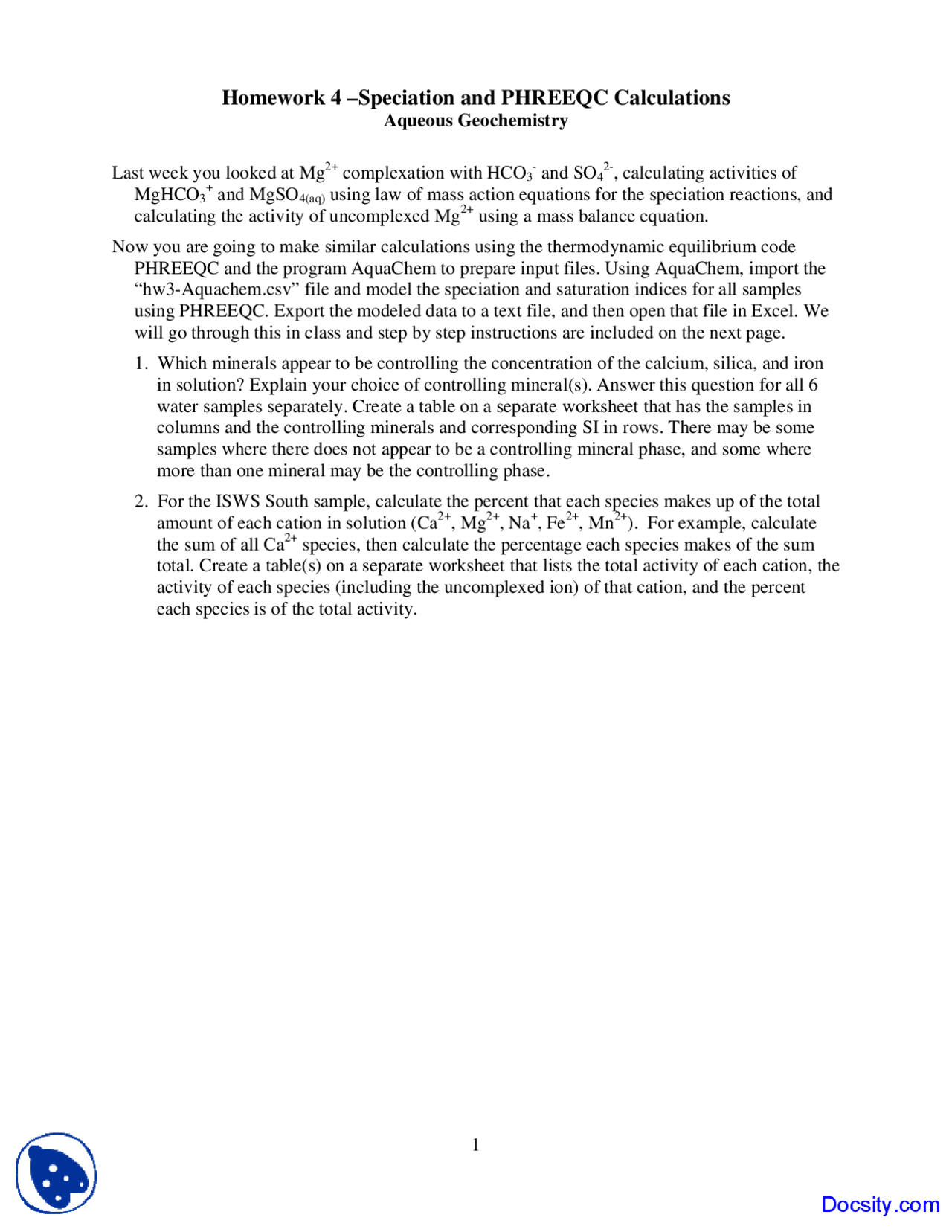 Phreeqc Calculations Geochemistry Home Work Docsity
