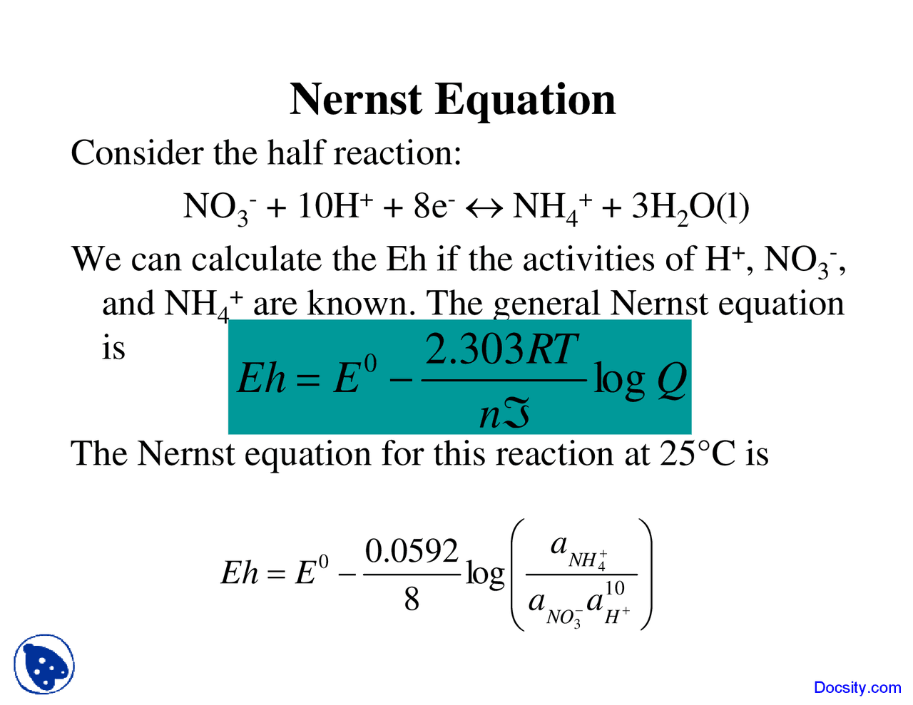 Nernst Equation - Geochemistry - Lecture Slides - Docsity