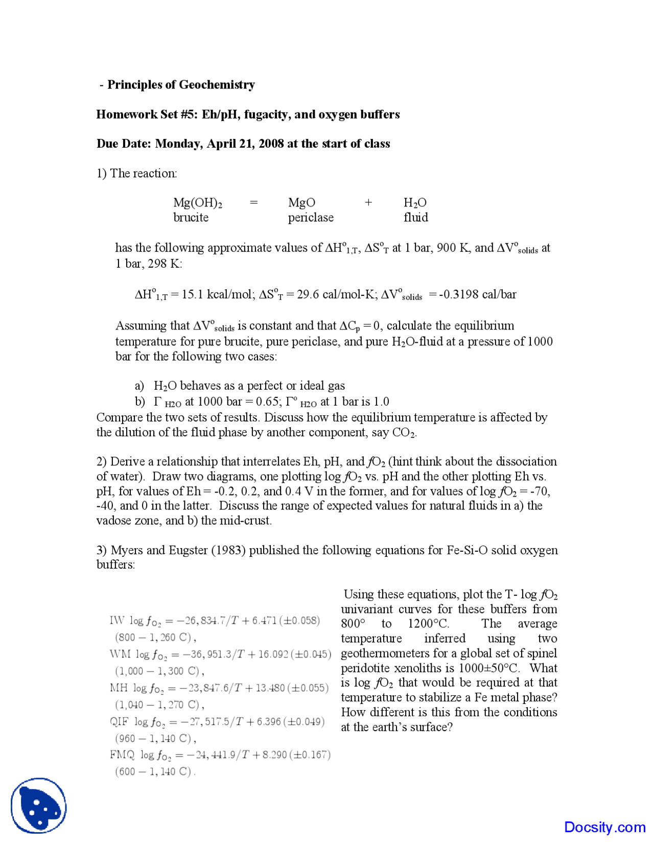 Oxygen Buffers Geochemistry Home Work Docsity
