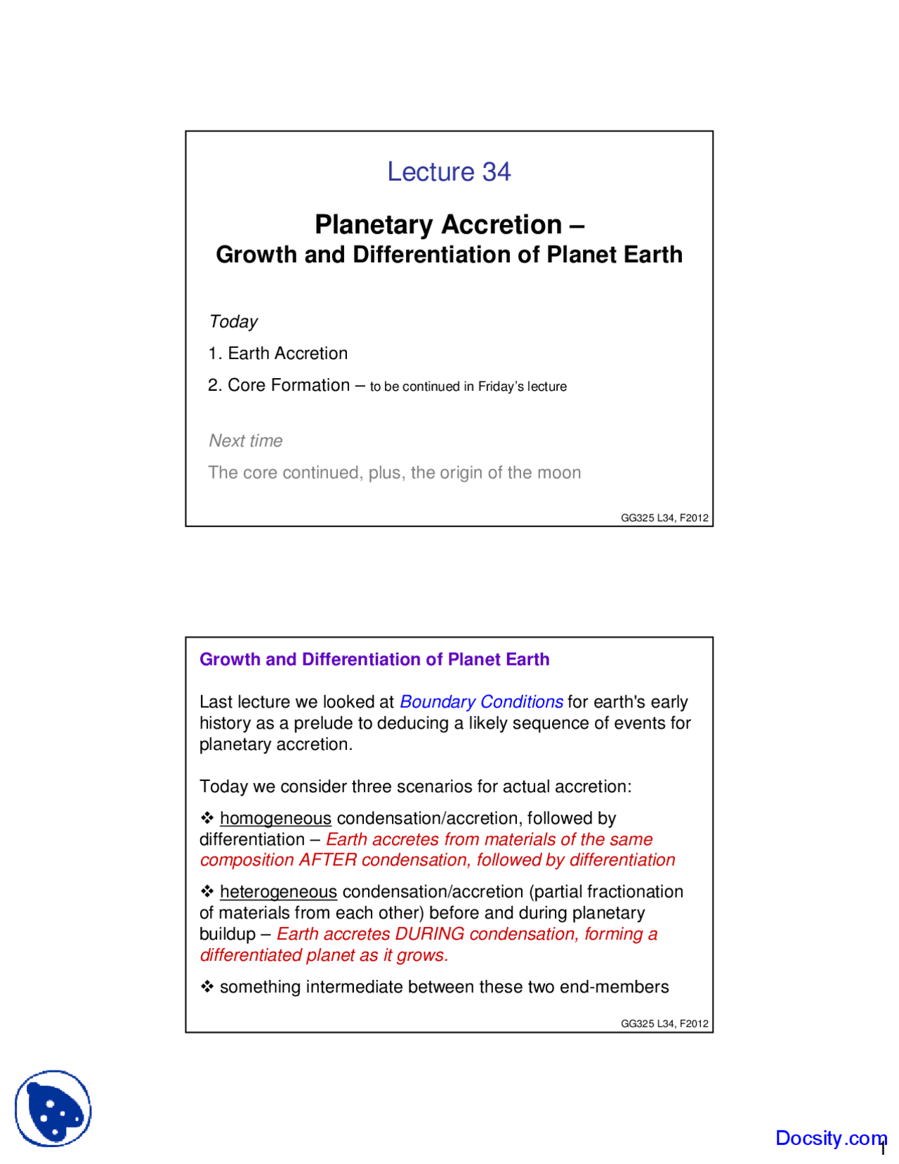 Growth and Differentiation - Geochemistry - Lecture Slides - Docsity