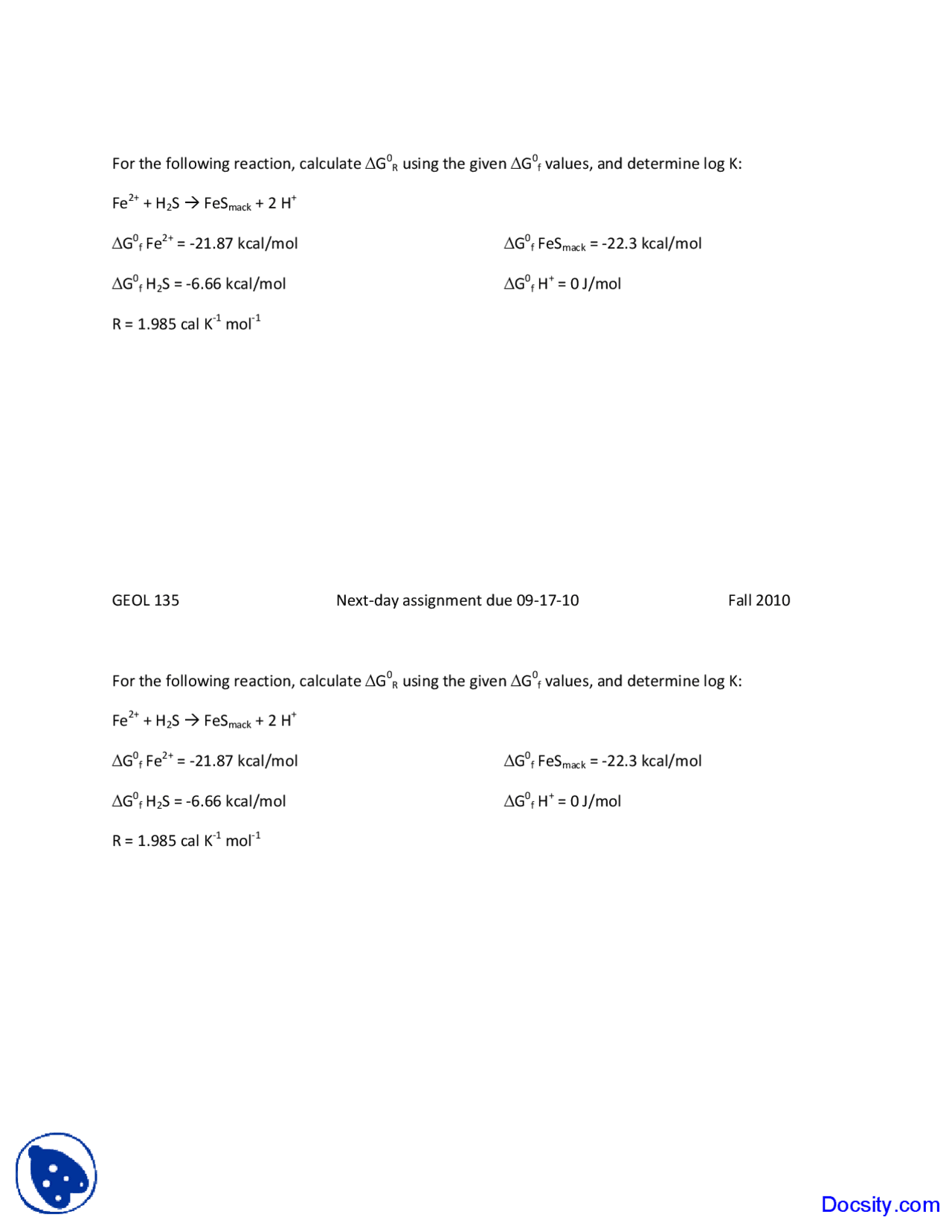 Values Geochemistry Home Work Exercises Geochemistry Docsity