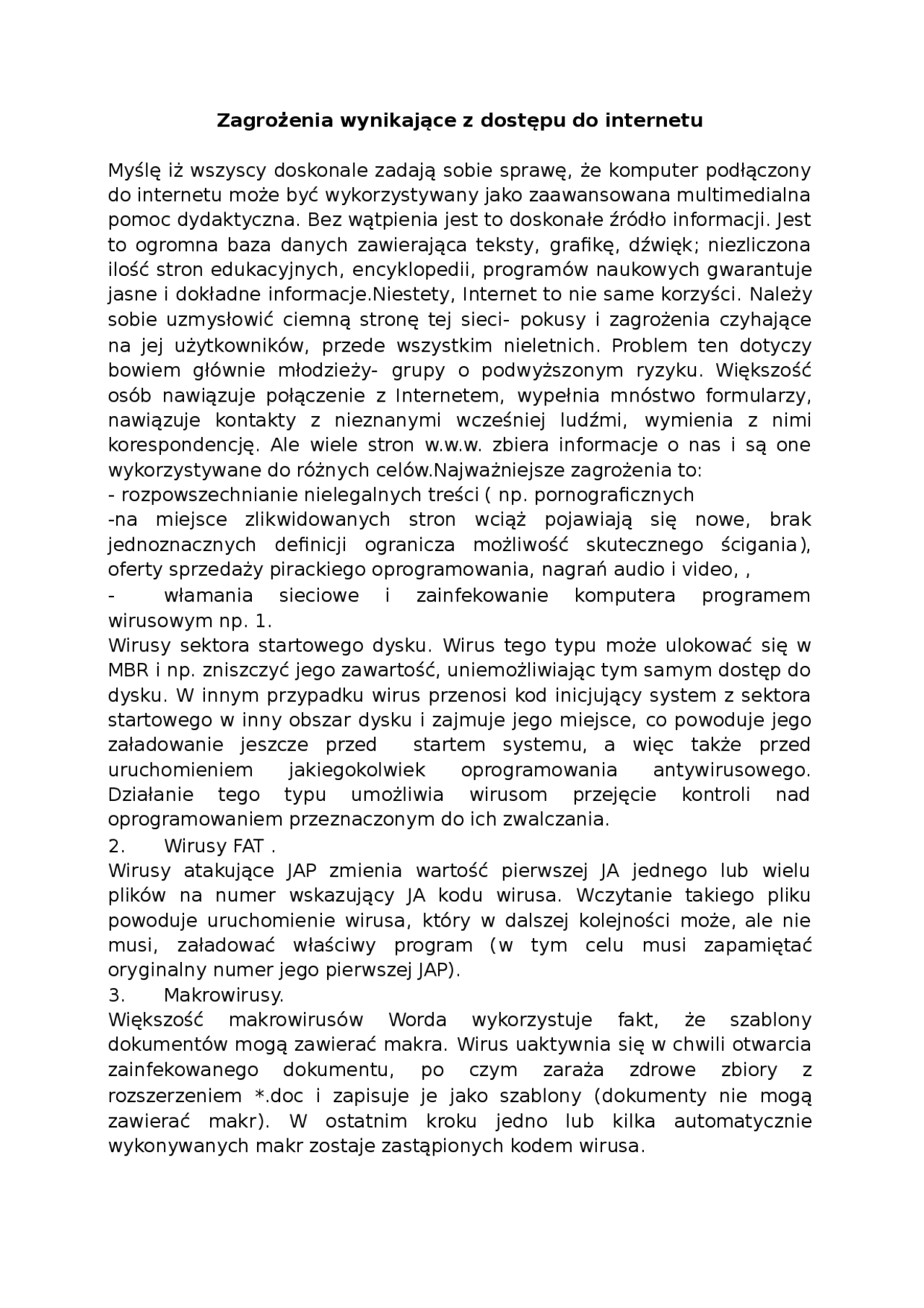 Zagrożenia Wynikające Z Dostępu Do Internetu Notatki Systemy I