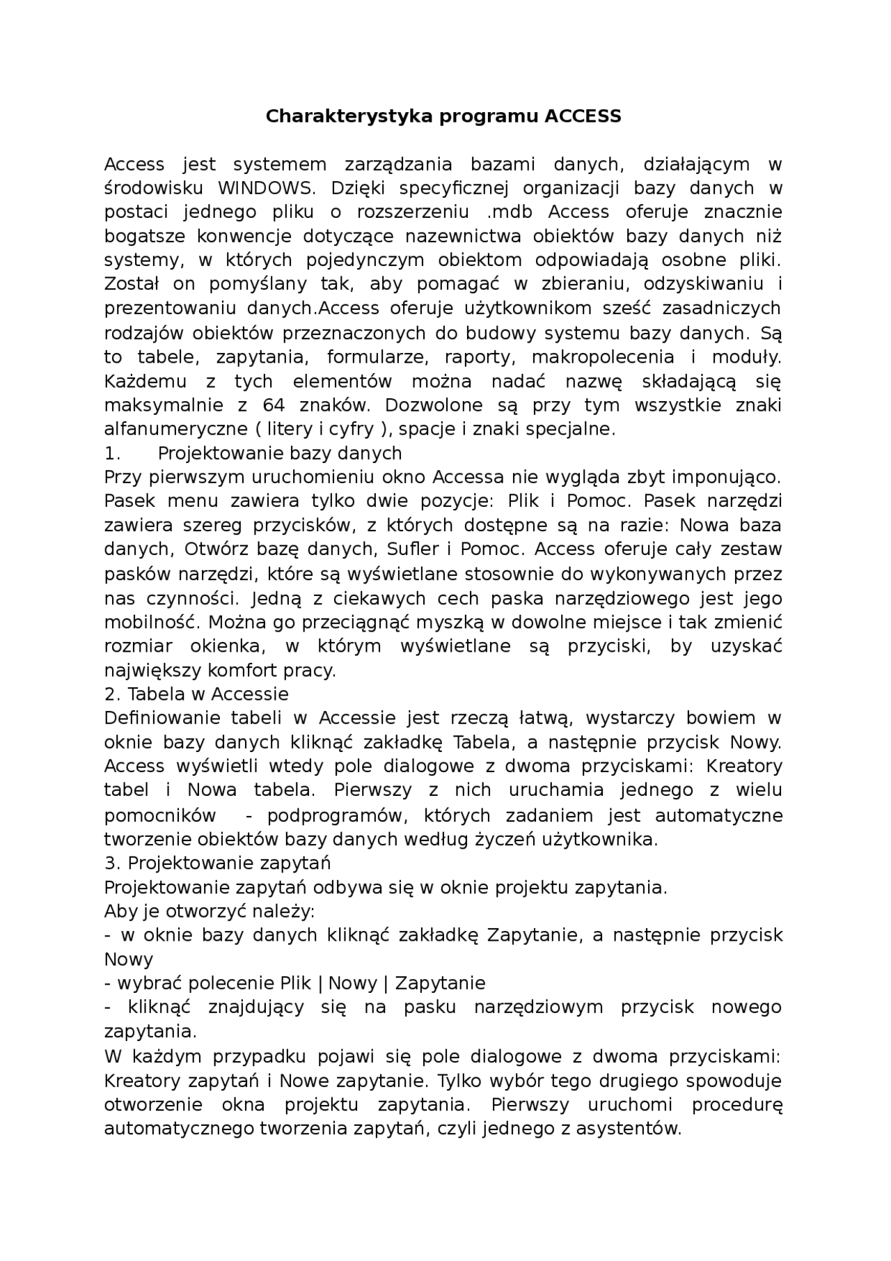 Charakterystyka Programu Access Notatki Systemy I Sieci Docsity