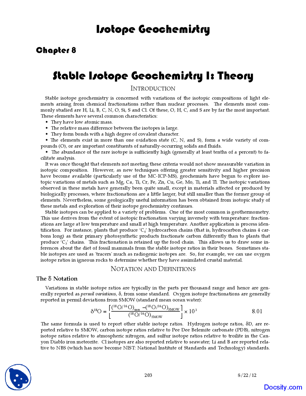 Stable Isotope - Geochemistry - Lecture Notes - Docsity